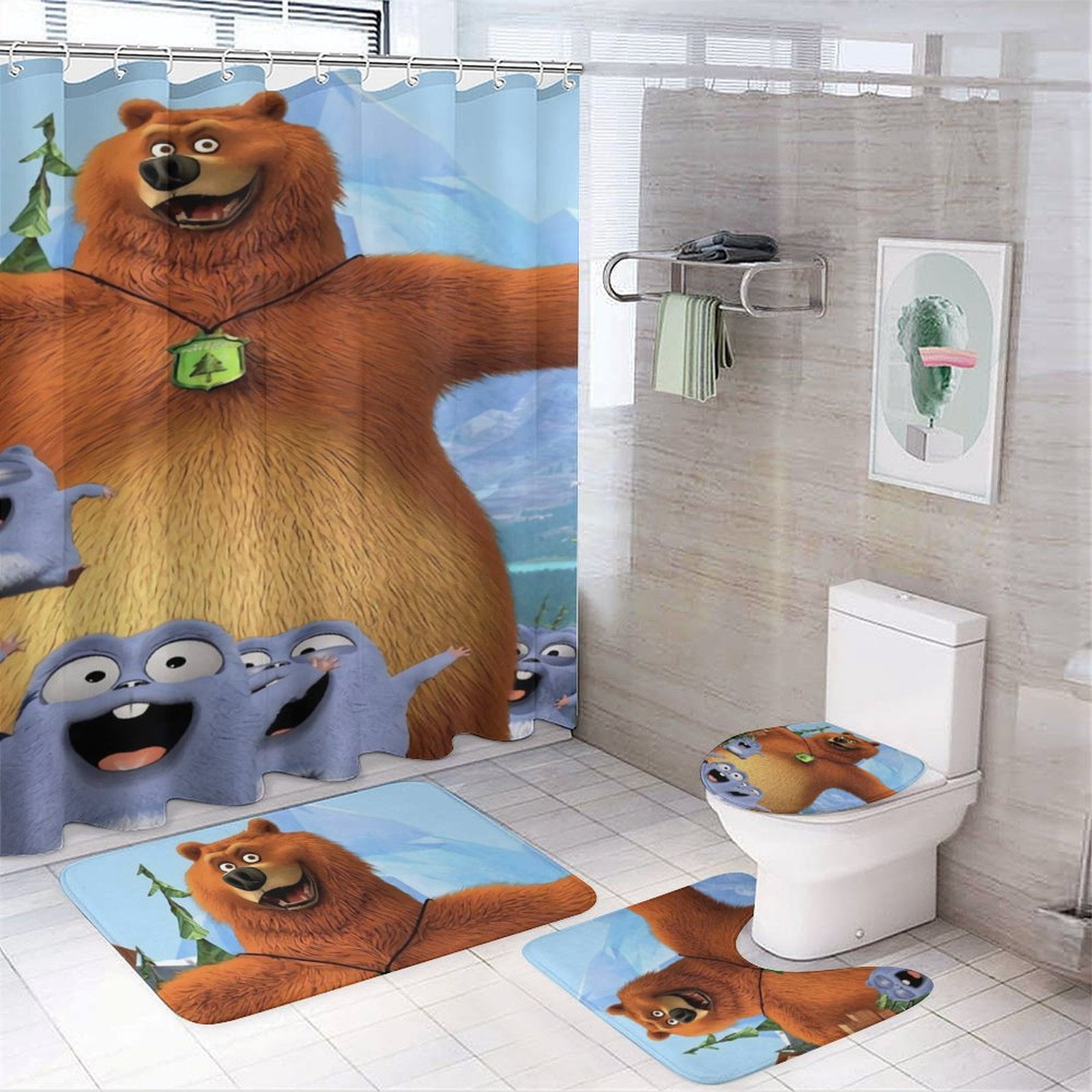 Grizzy And The Lemmings 4 Piece Shower Curtain Set with Non-Slip Rugs ...