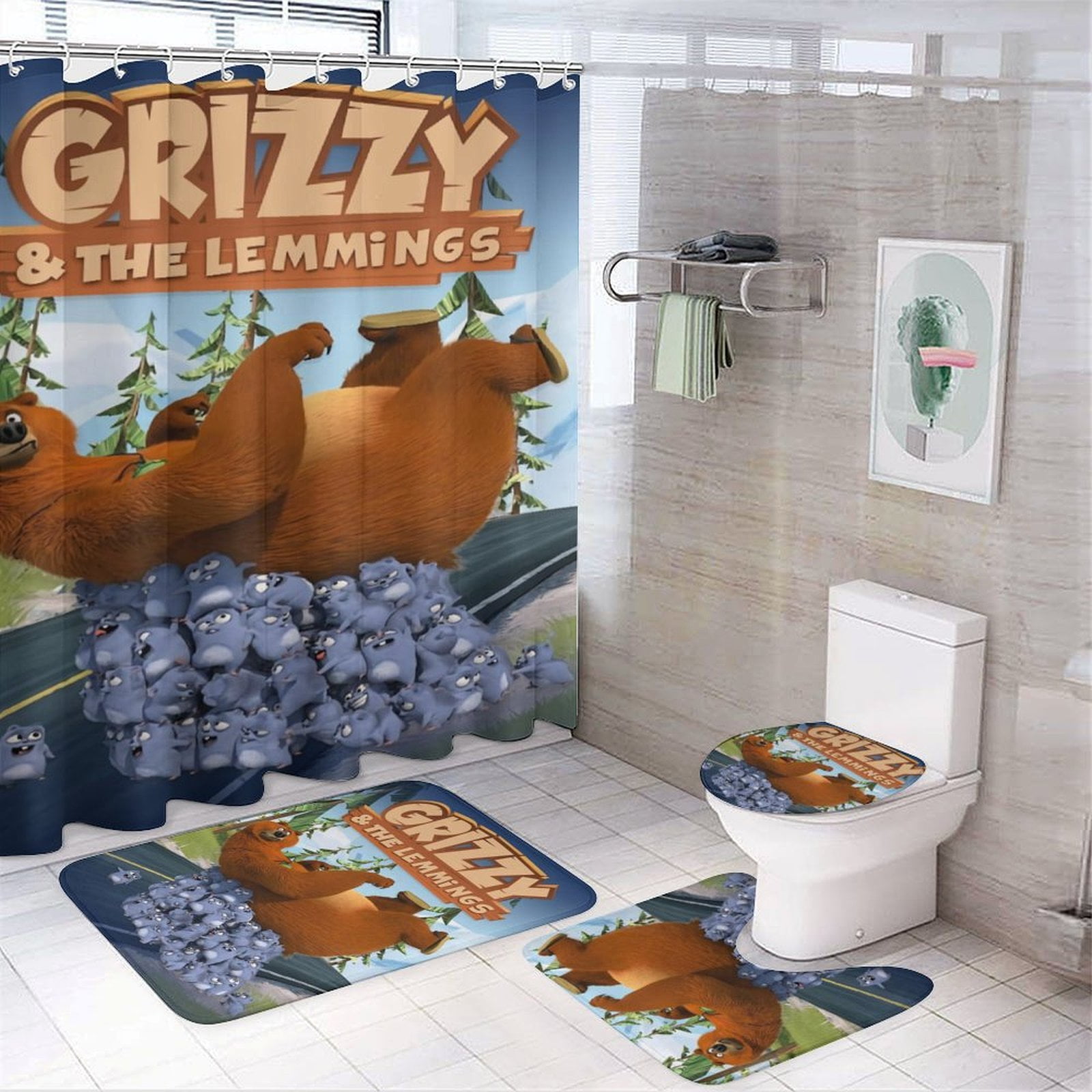 Grizzy And The Lemmings 4 Piece Shower Curtain Set with Non-Slip Rugs ...