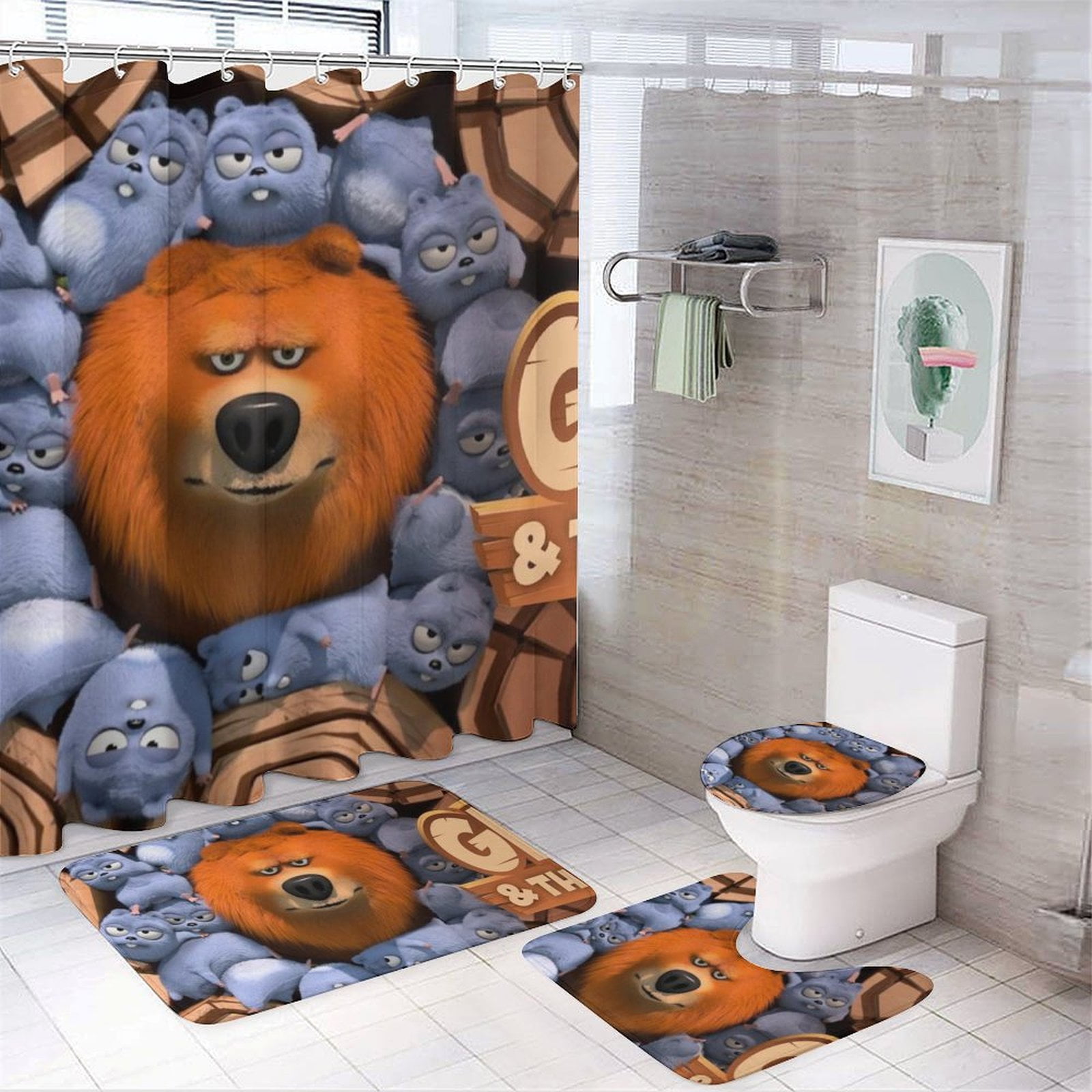 Grizzy And The Lemmings Shower Curtain Set 4-Piece Bathroom Set with ...