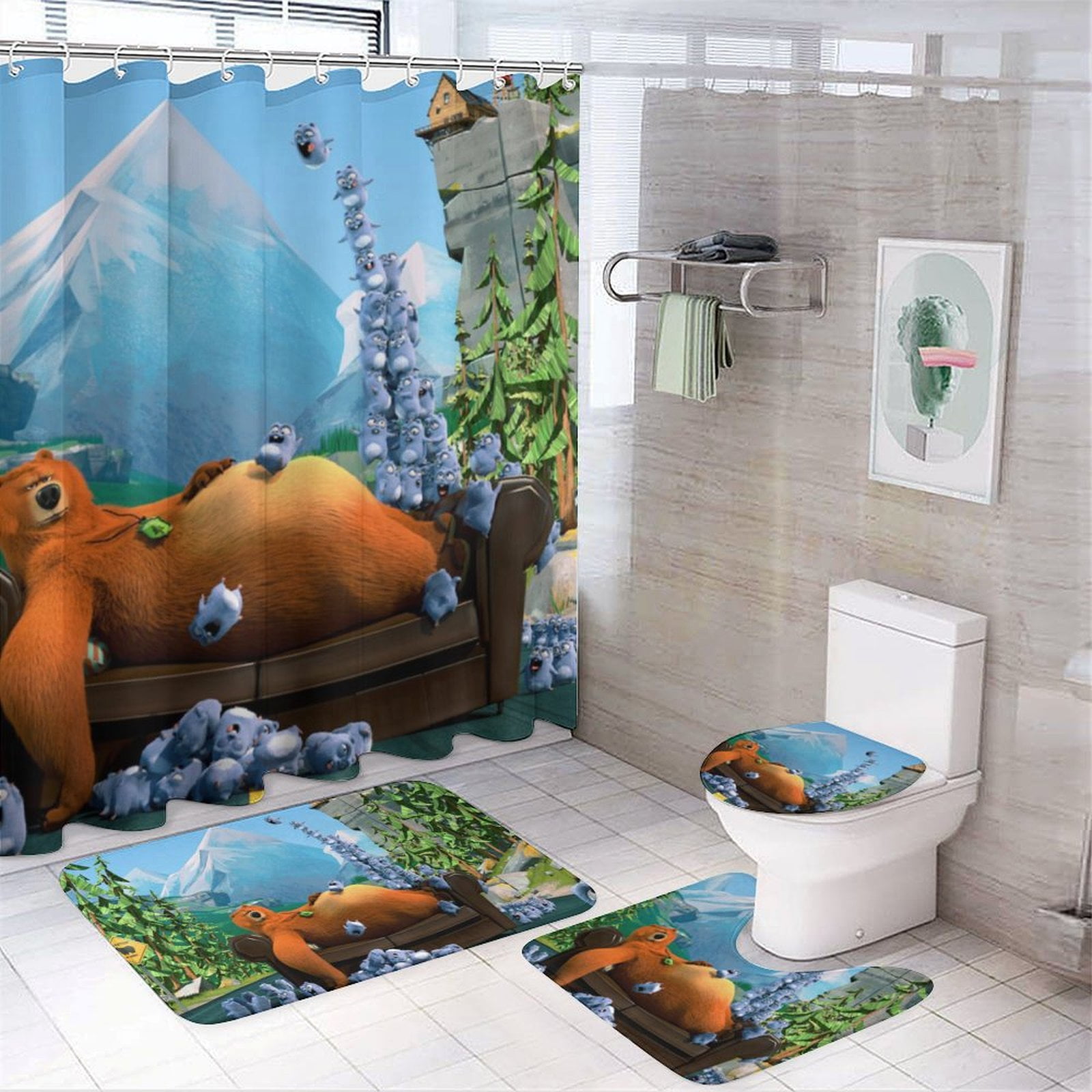 Grizzy And The Lemmings Shower Curtain Set 4-Piece Bathroom Set with ...