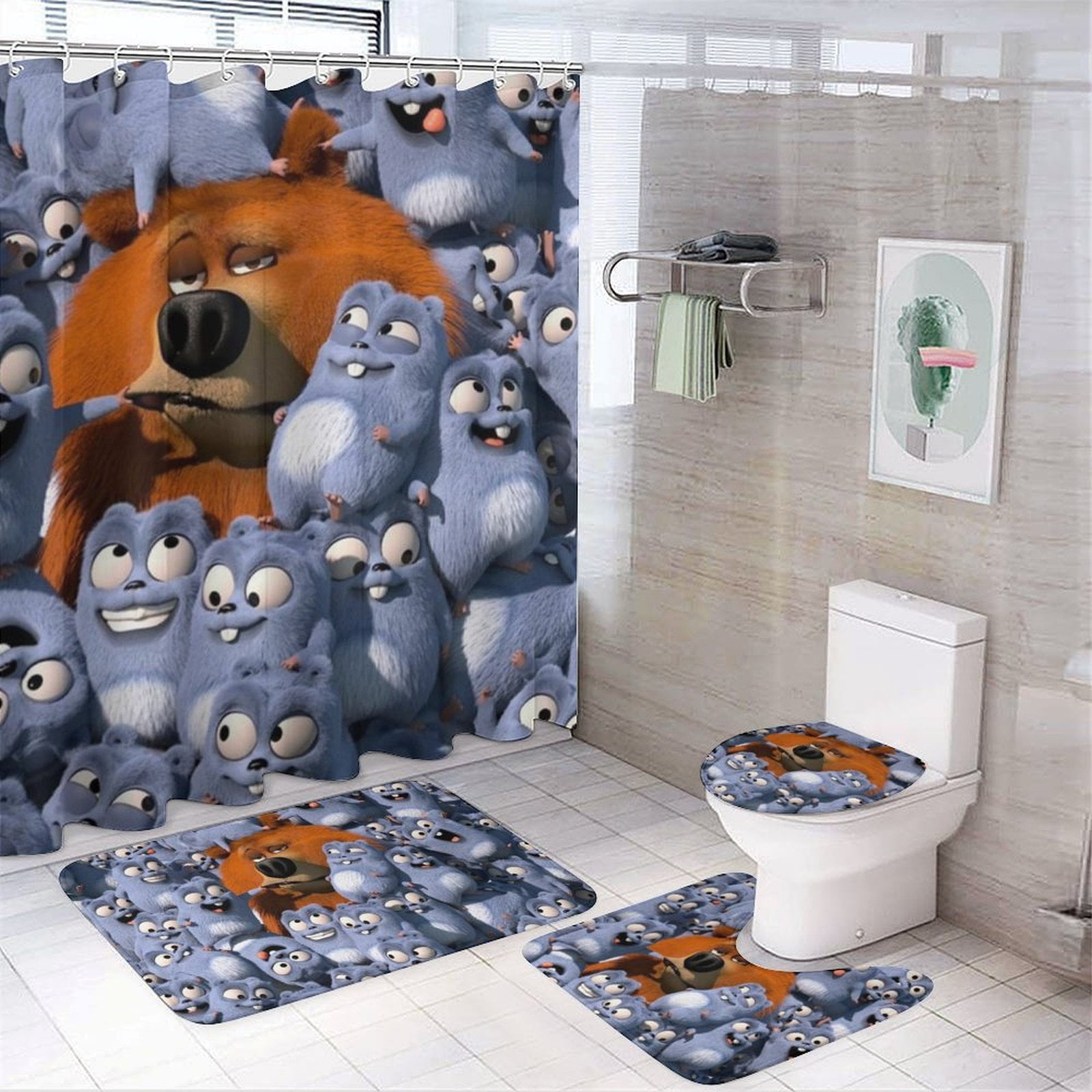 Grizzy And The Lemmings Shower Curtain Set 4-Piece Bathroom Set with ...