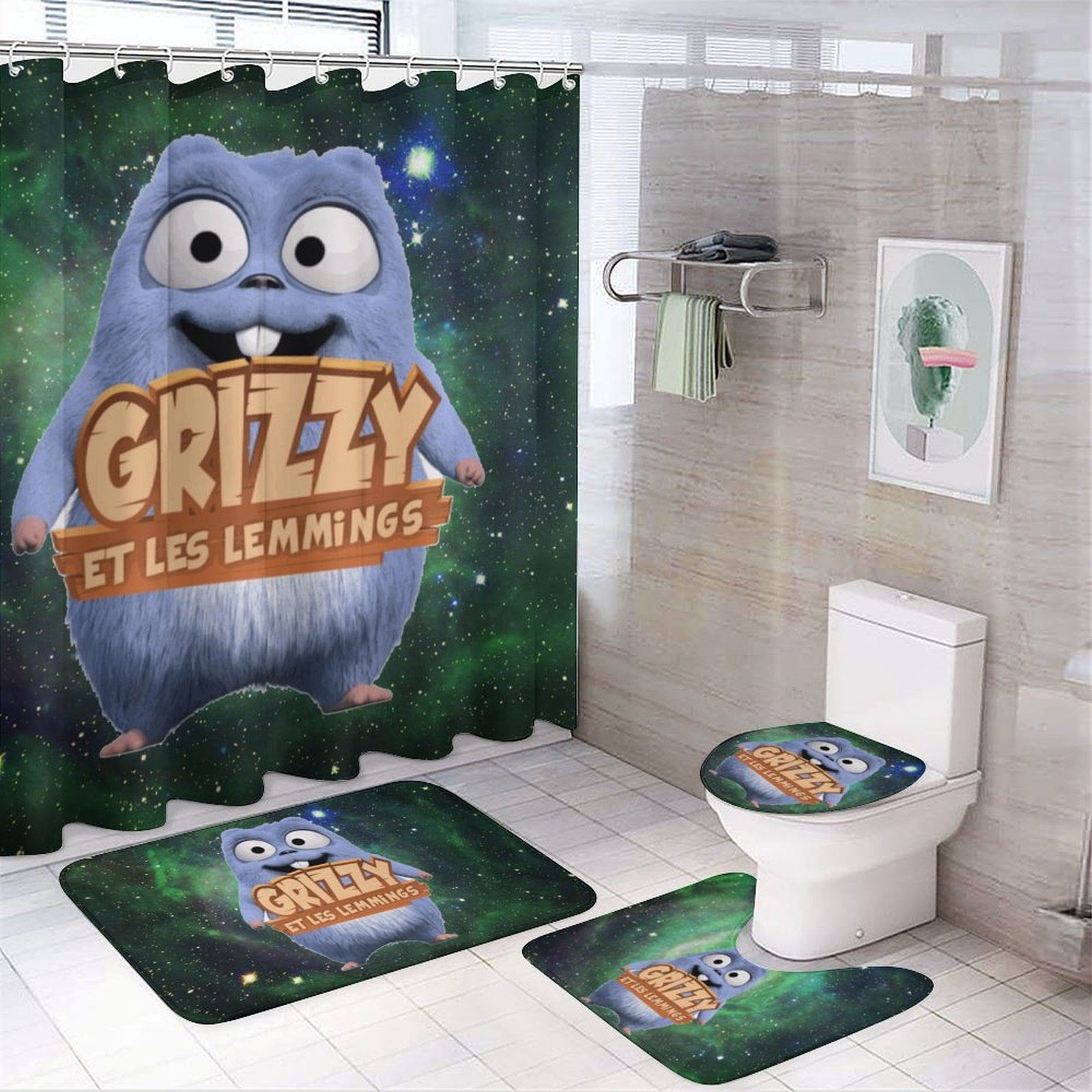Grizzy And The Lemmings Shower Curtain Set 4-Piece Bathroom Set with ...