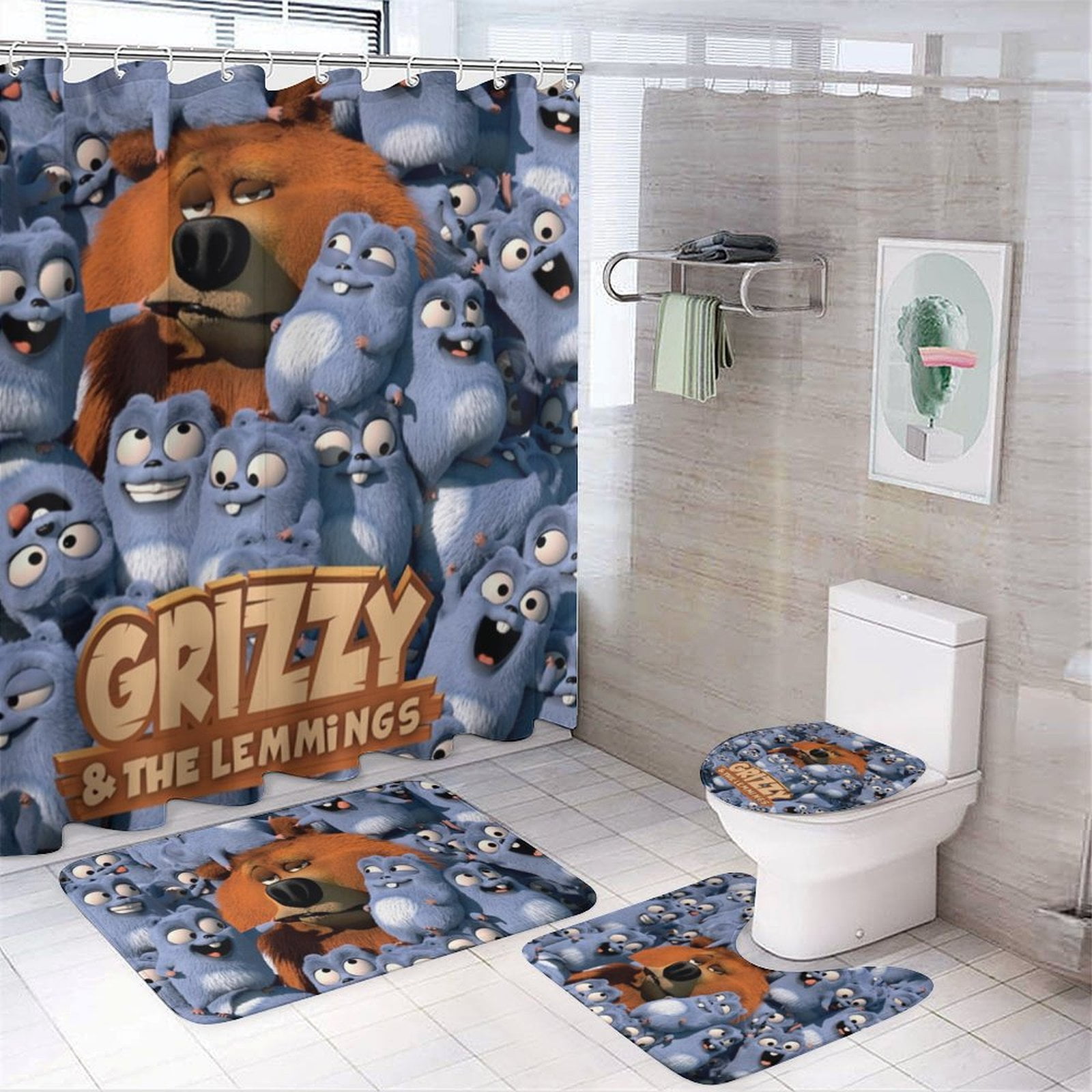 Grizzy And The Lemmings Shower Curtain Set 4-Piece Bathroom Set with ...