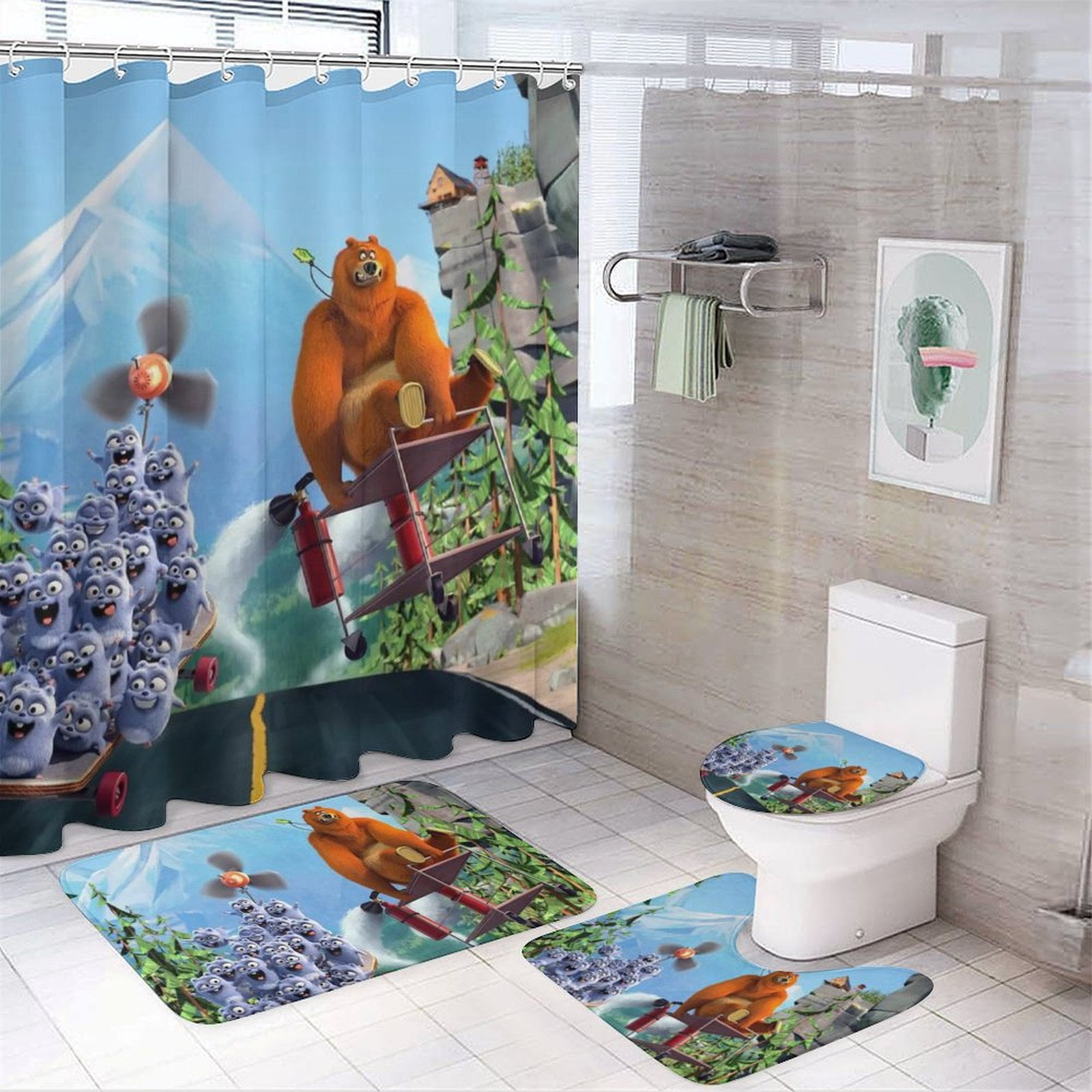 Grizzy And The Lemmings Shower Curtain Set 4-Piece Bathroom Set with ...