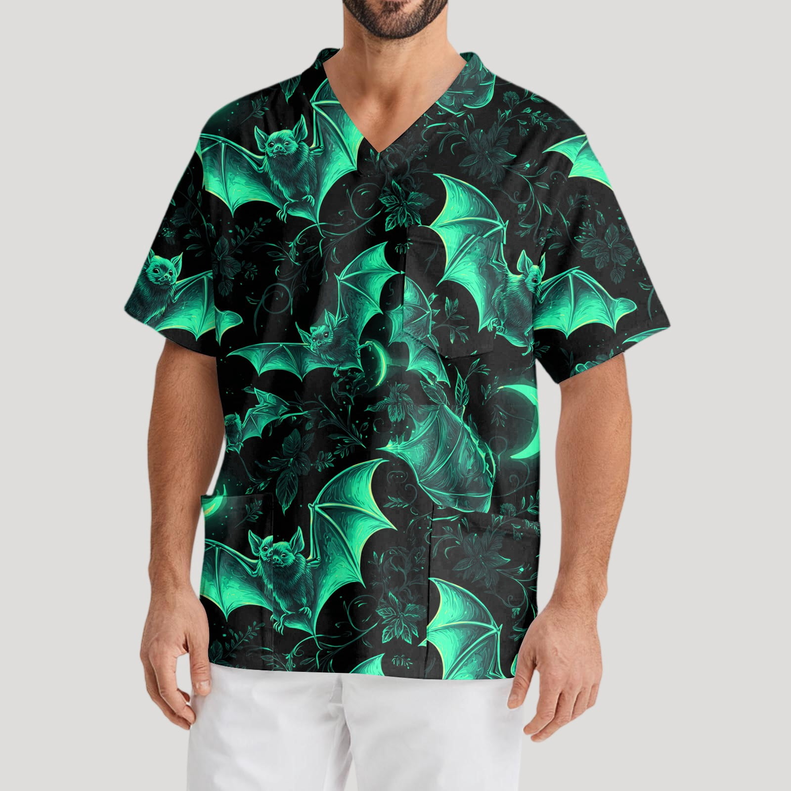 GrmtClth Halloween Scrubs Men Fun Bats Pumpkins Printed Plus Size ...
