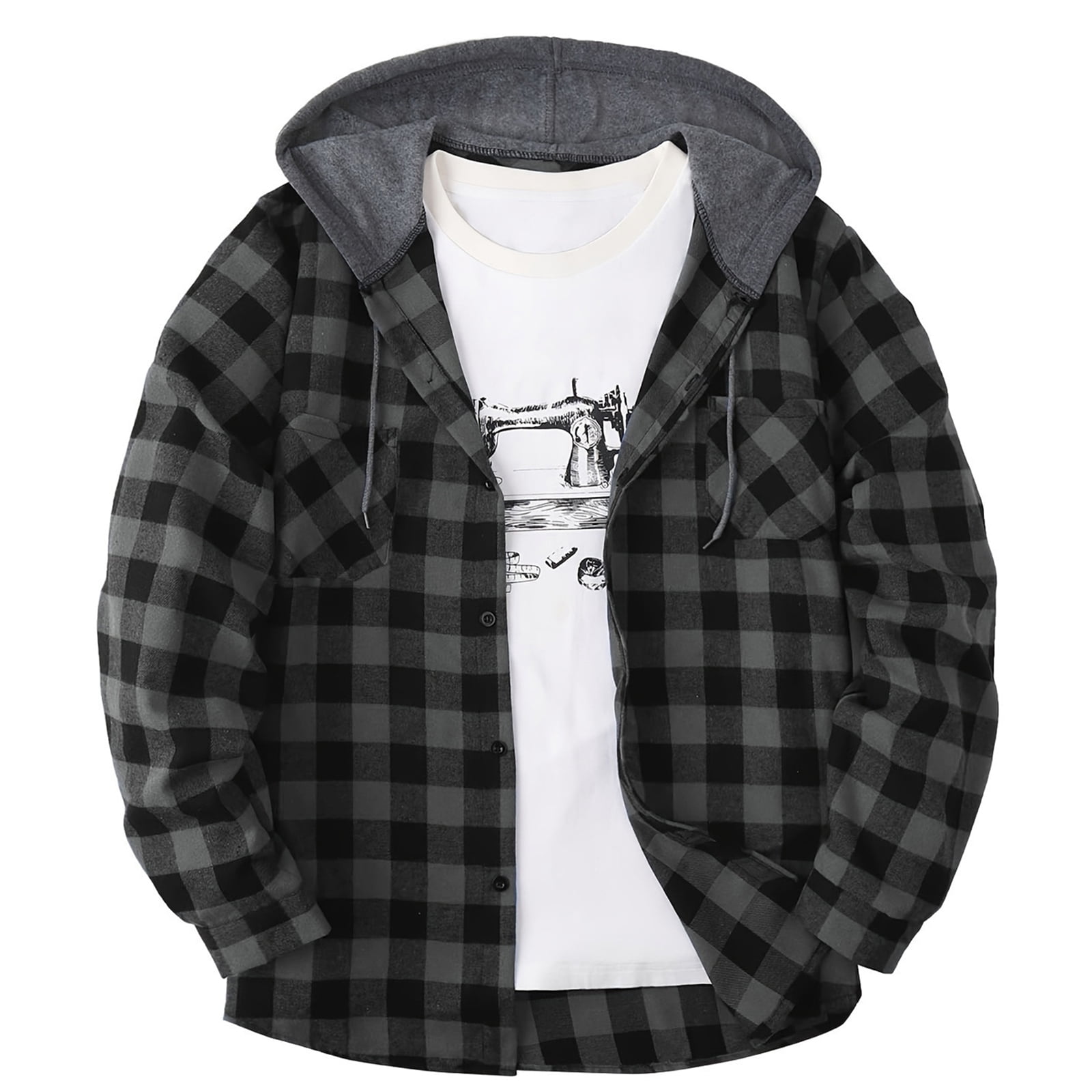 GrmtClth Men's Flannel Hoodie Fashion Plaid Shacket with Hood ...
