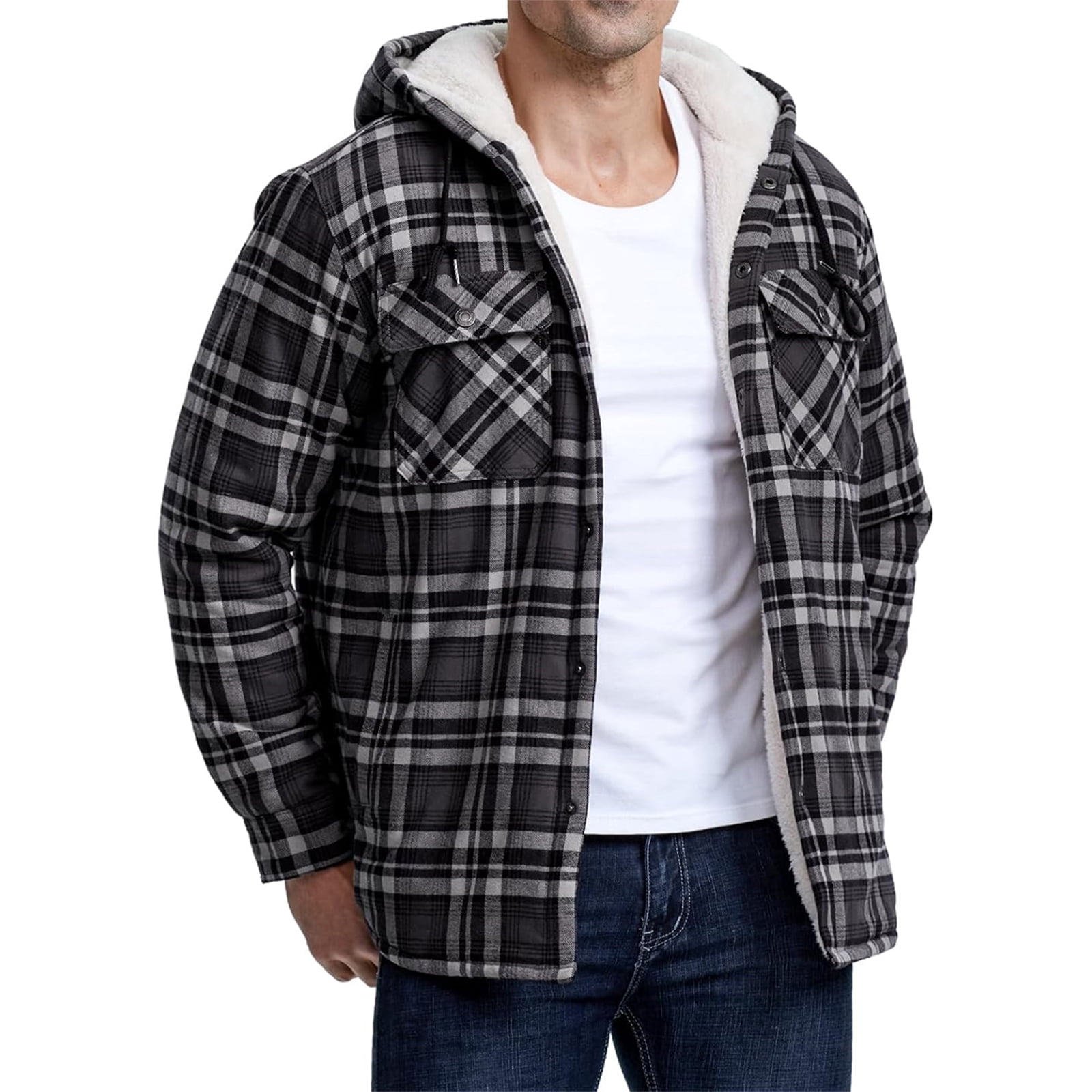 GrmtClth Men's Fleece Jackets Plaid Fleece Sherpa Lined Hooded Jacket ...