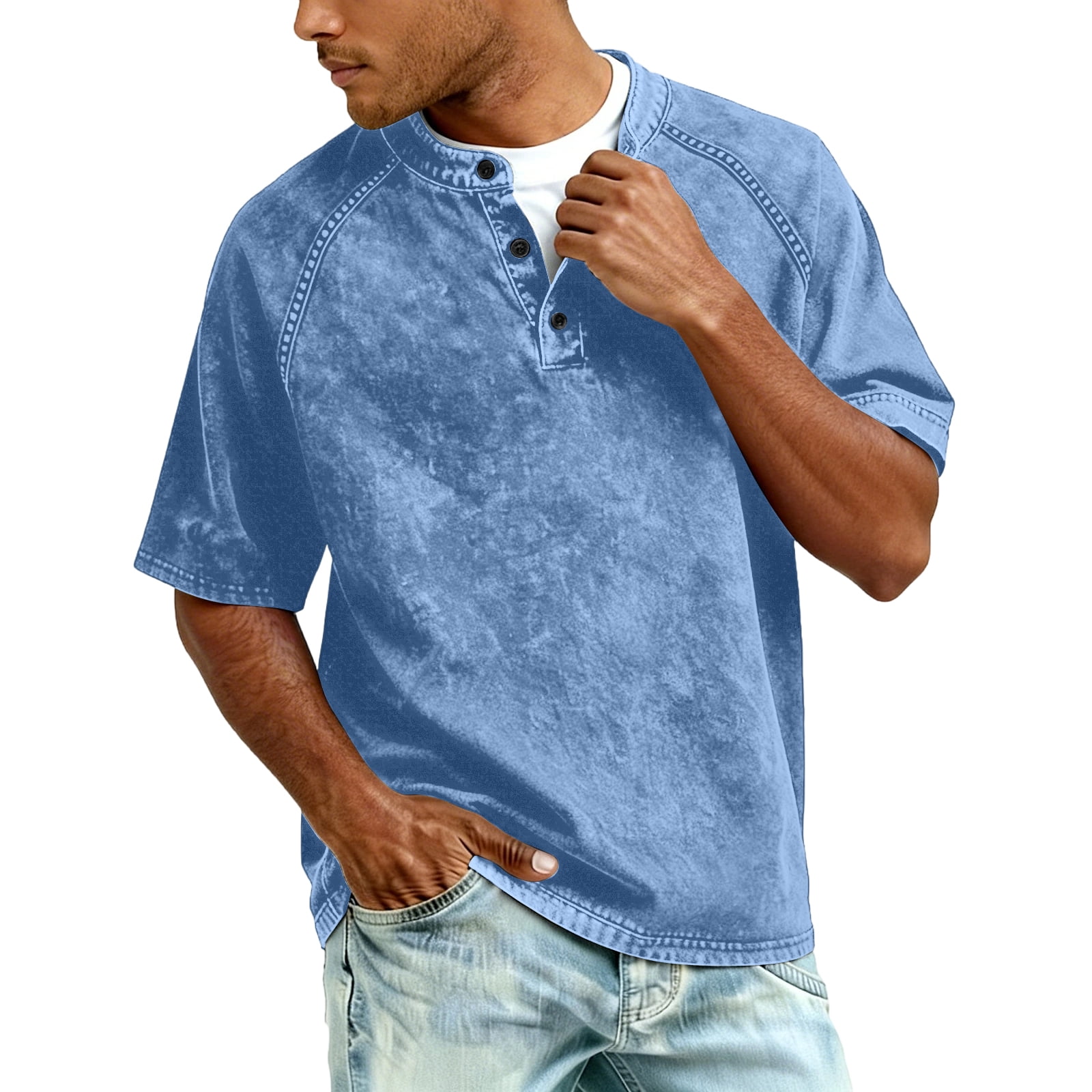 GrmtClth Mens Distressed Henley Shirts Vintage Short Sleeve V Neck T ...