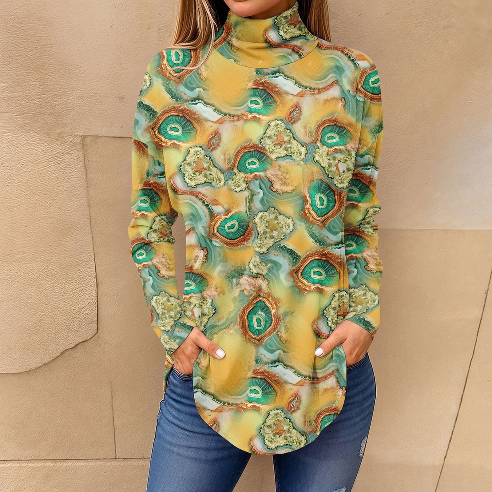 GrmtClth Turtle Necks Tops for Women Trendy Floral Printed Long Sleeve ...