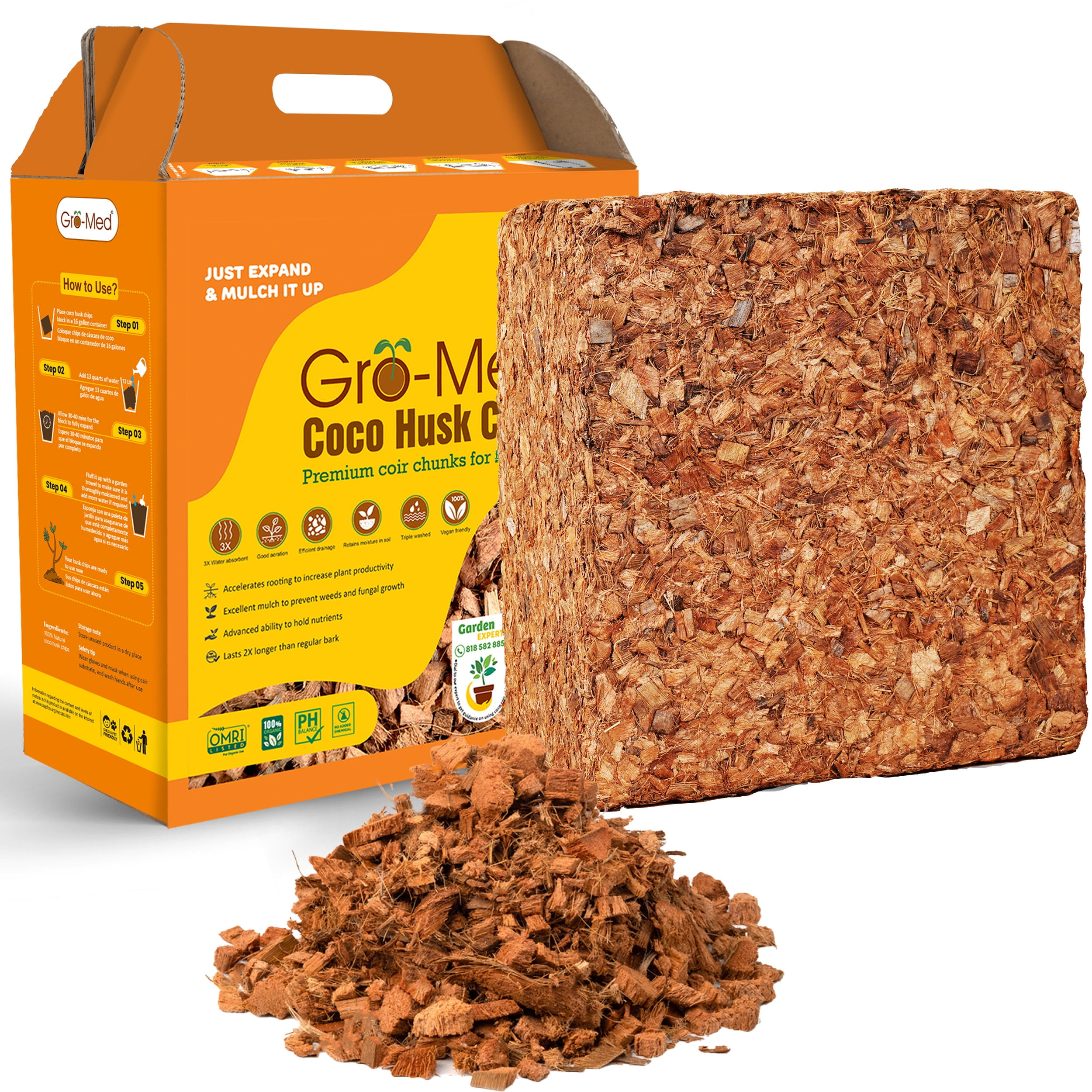 Gro-Med Organic 10lb Coconut Coir Husk Chips Block, Coco Mulch Orchid Potting Mix Substrate, 16 ...