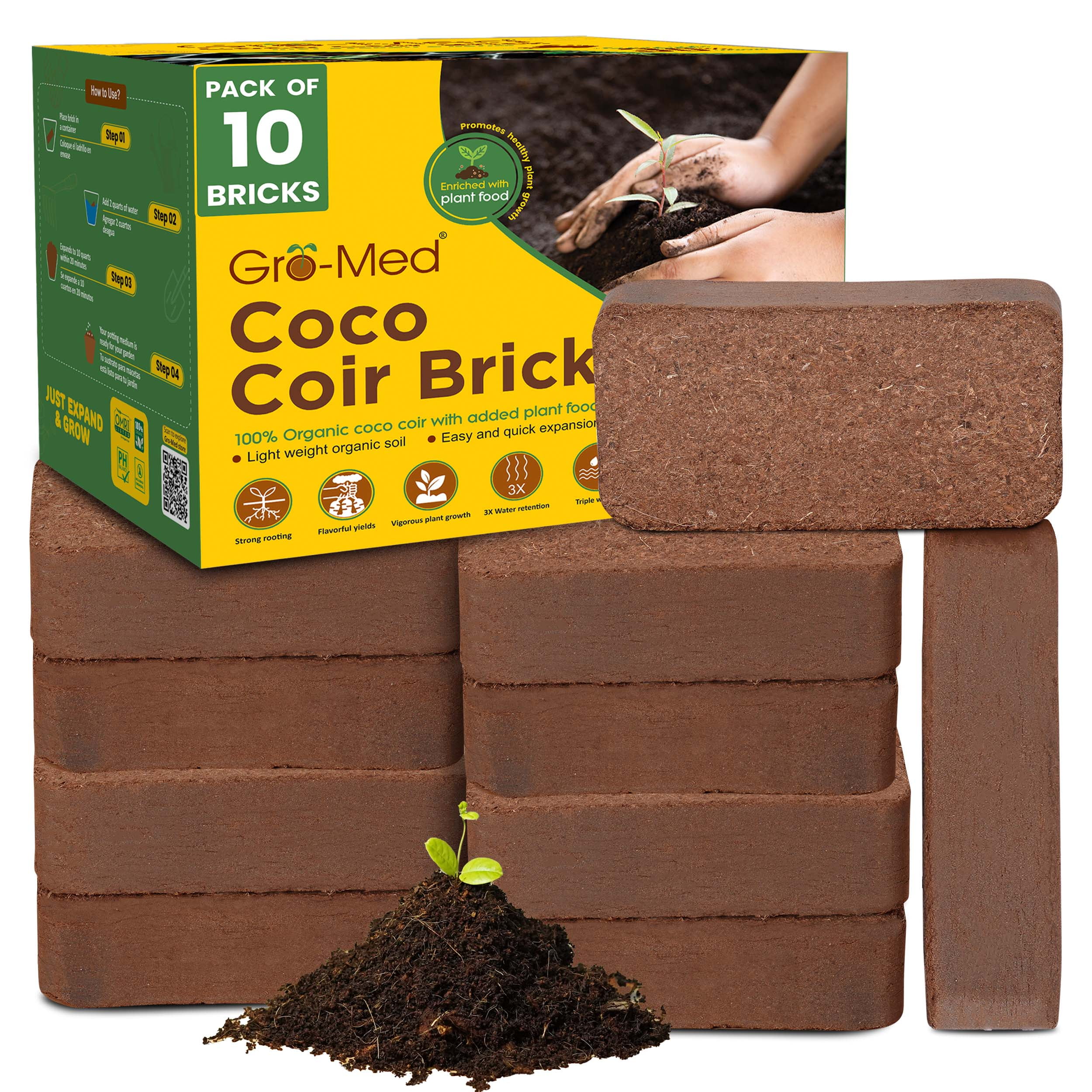 Gro-Med Coconut Coco Coir Bricks - 10s Pack Enriched With NPK, 100 ...