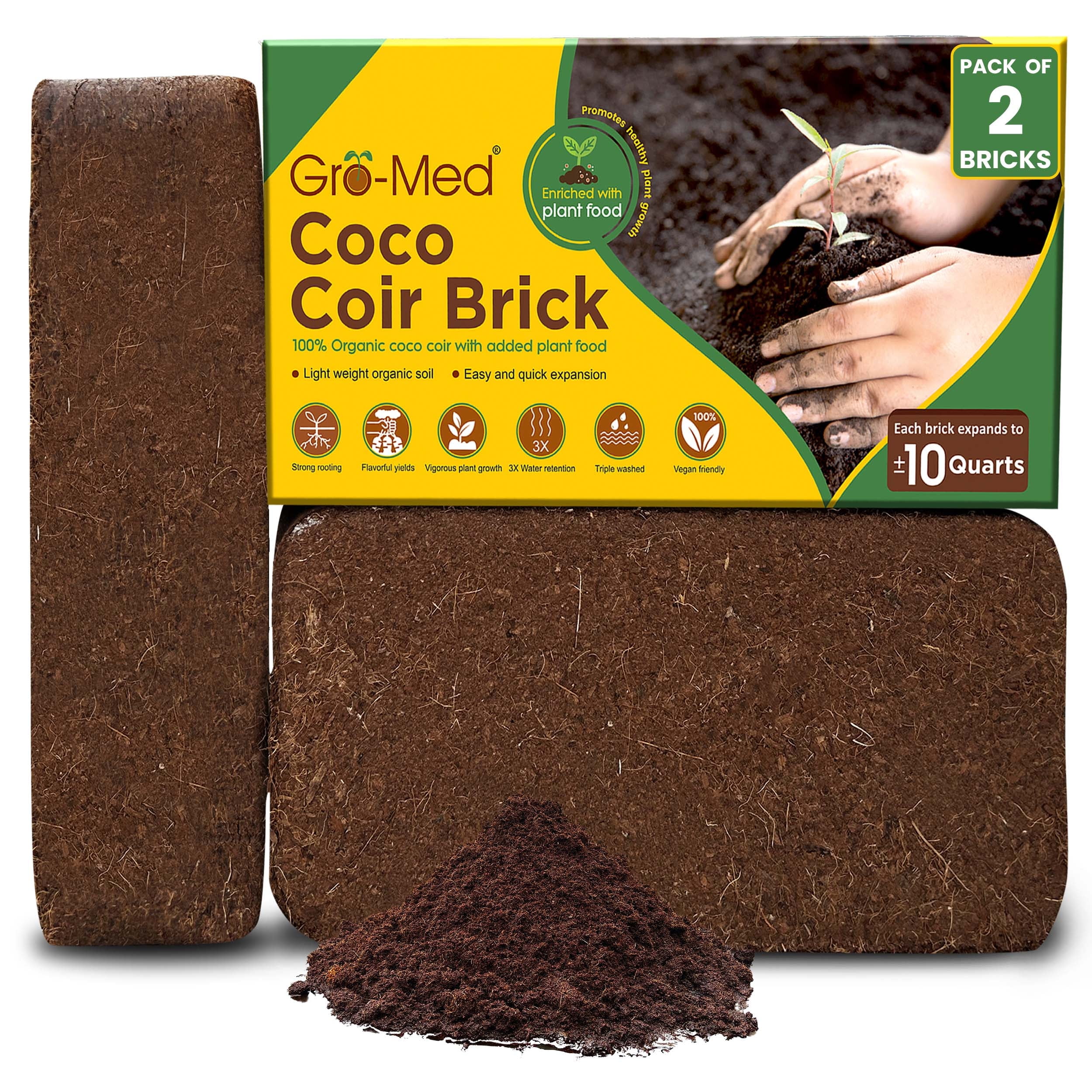 Gro-Med Coconut Coco Coir Bricks 2s Pack Enriched with NPK, 20 Quarts ...