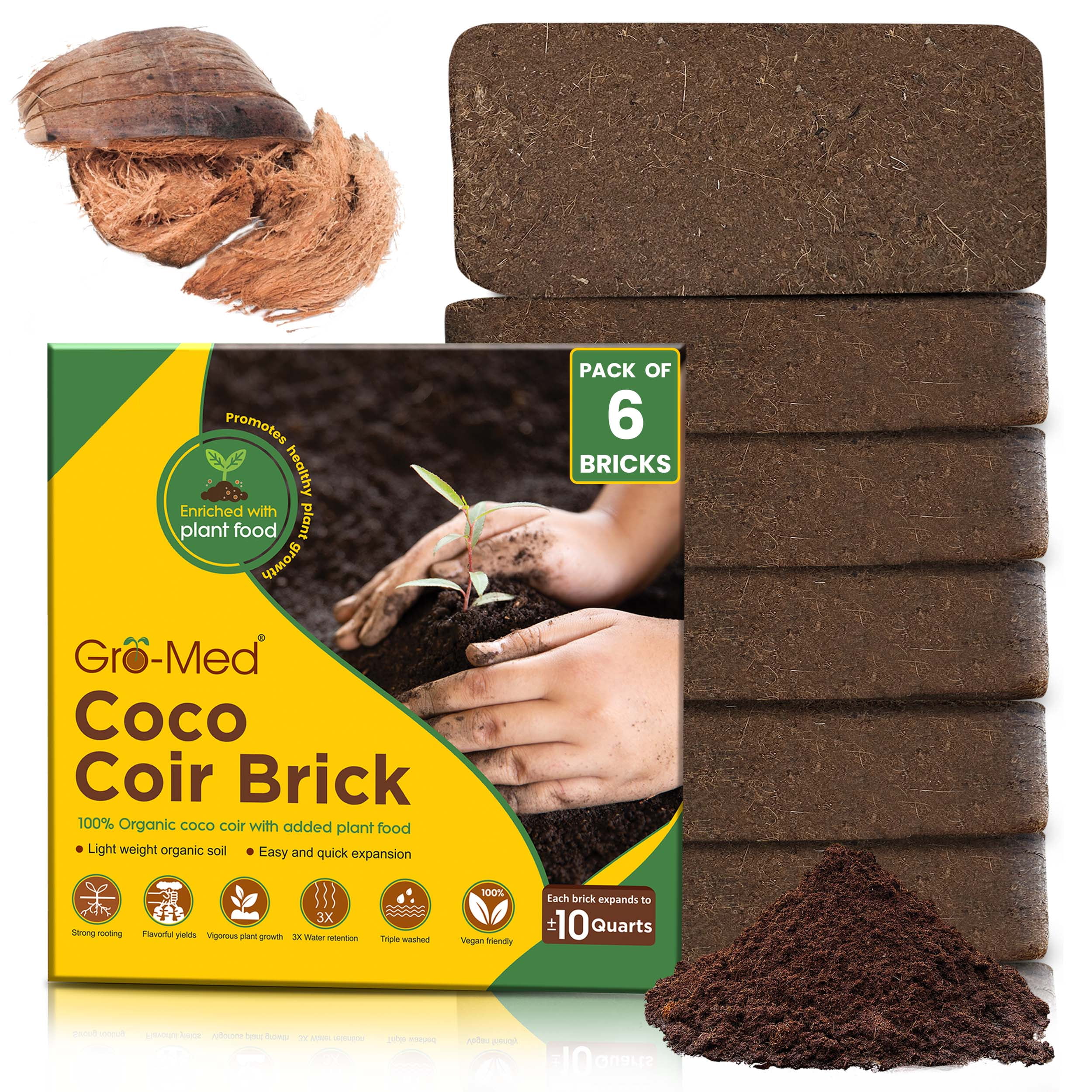 Gro-Med Organic Compressed Coconut Coco Coir Bricks For Plants With NPK Potting Soil, 6 Pcs 650g ...