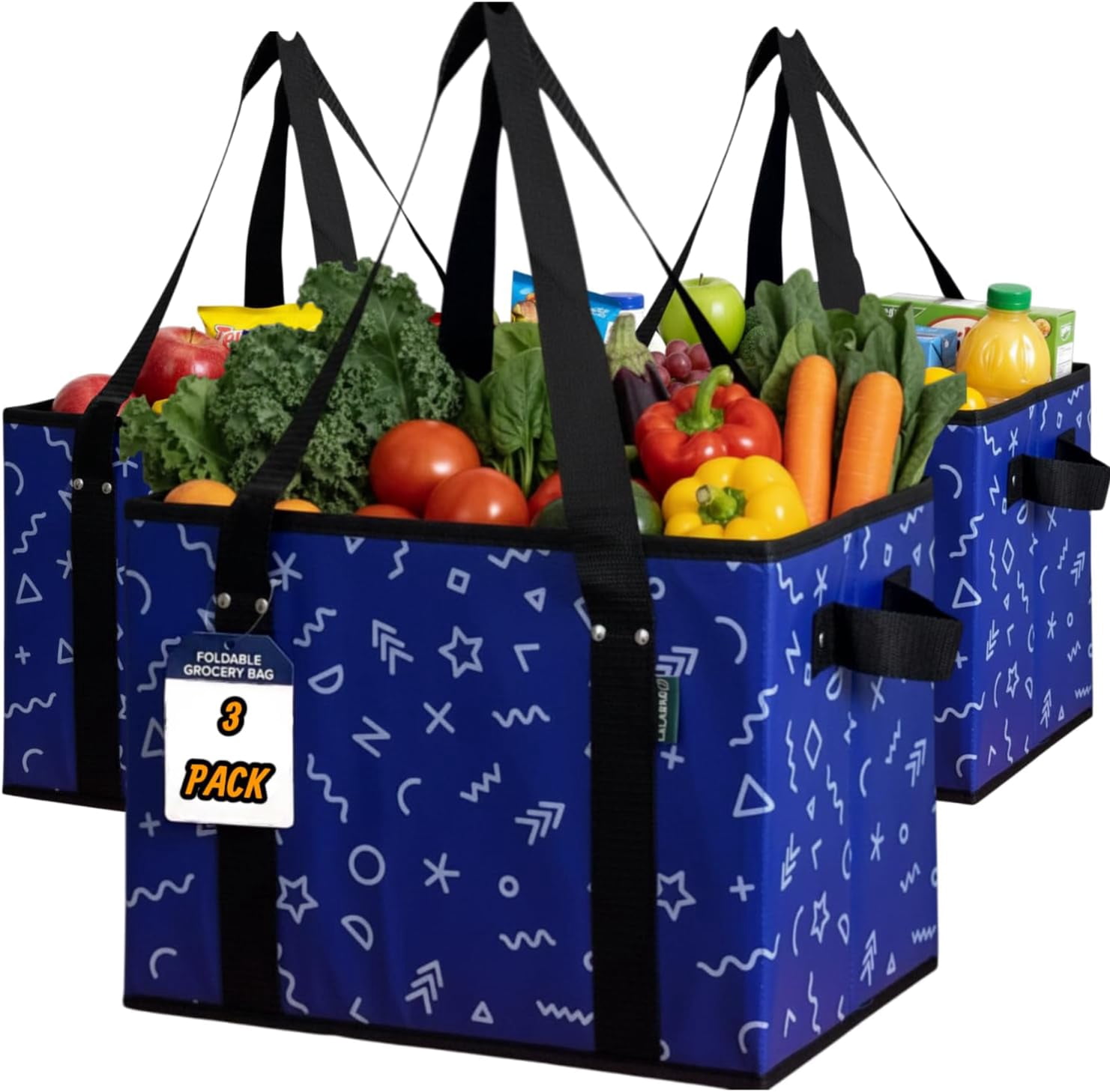 Grocery Bags (3 ) - Foldable Tote Bags with Long Handles & Hard Bottom ...