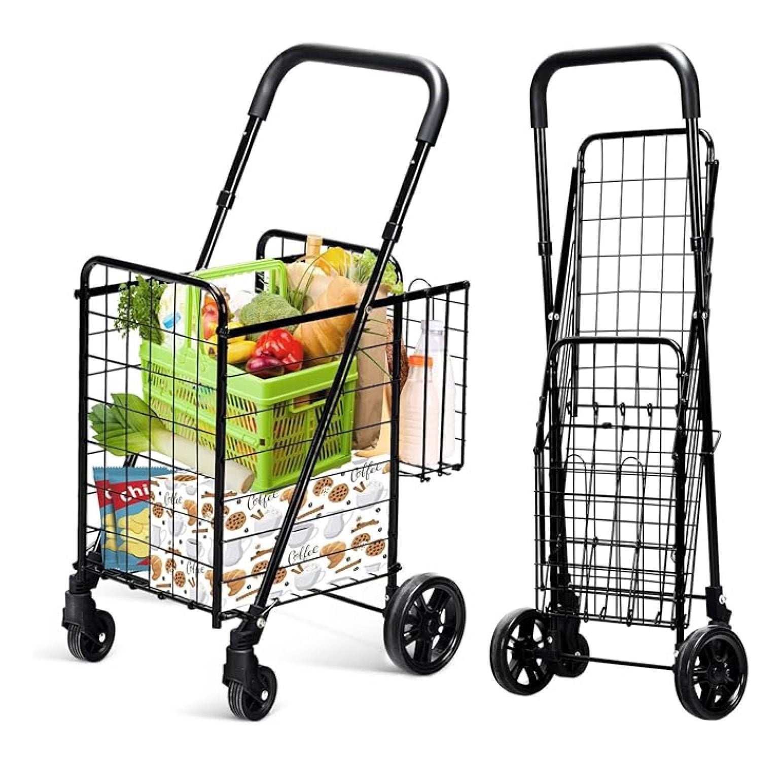 Grocery Cart Foldable, Heavy Duty Utility Cart w/ Wheels & Adjustable ...