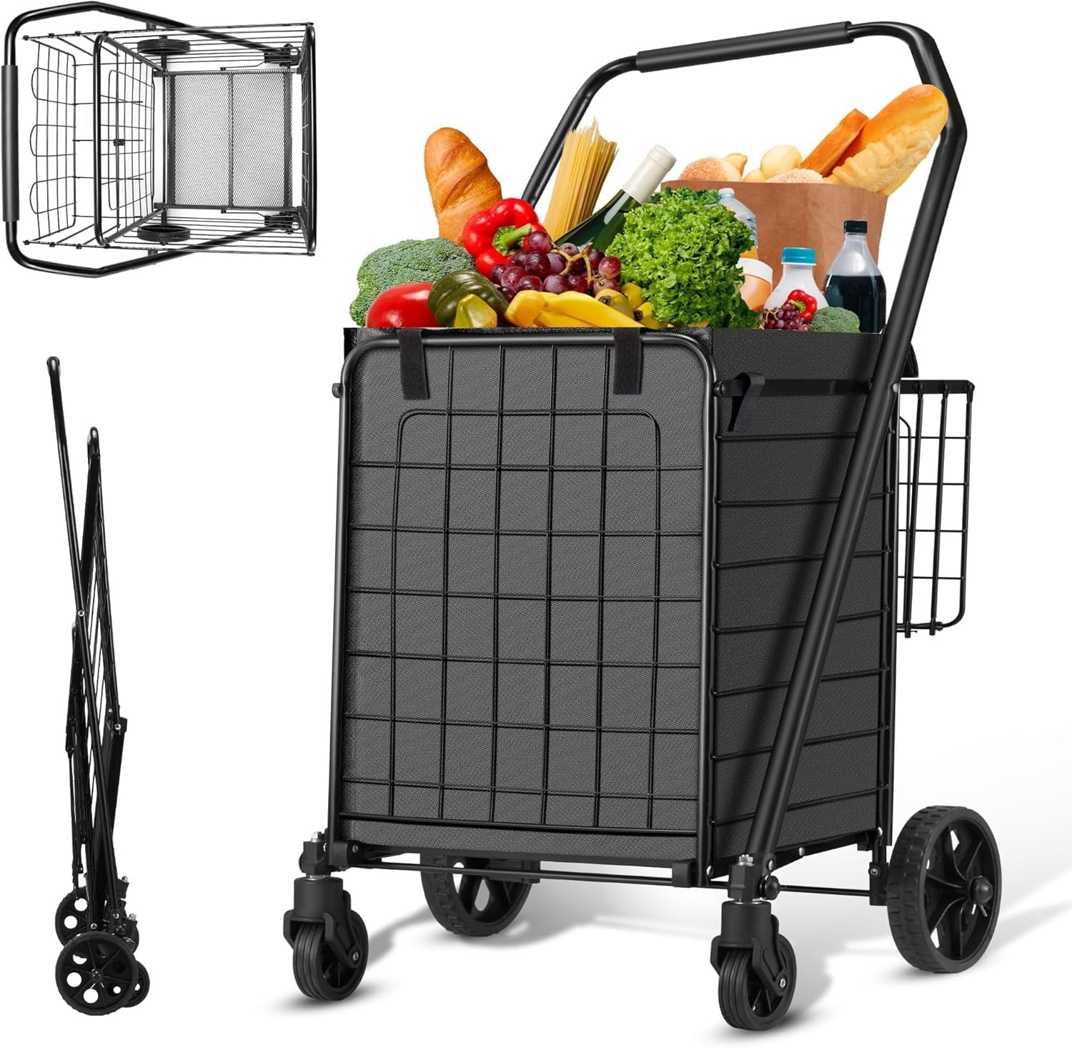 Grocery Cart on Wheels for Groceries, Folding Shopping Carts with Liner, 110LBS Large Capacity ...
