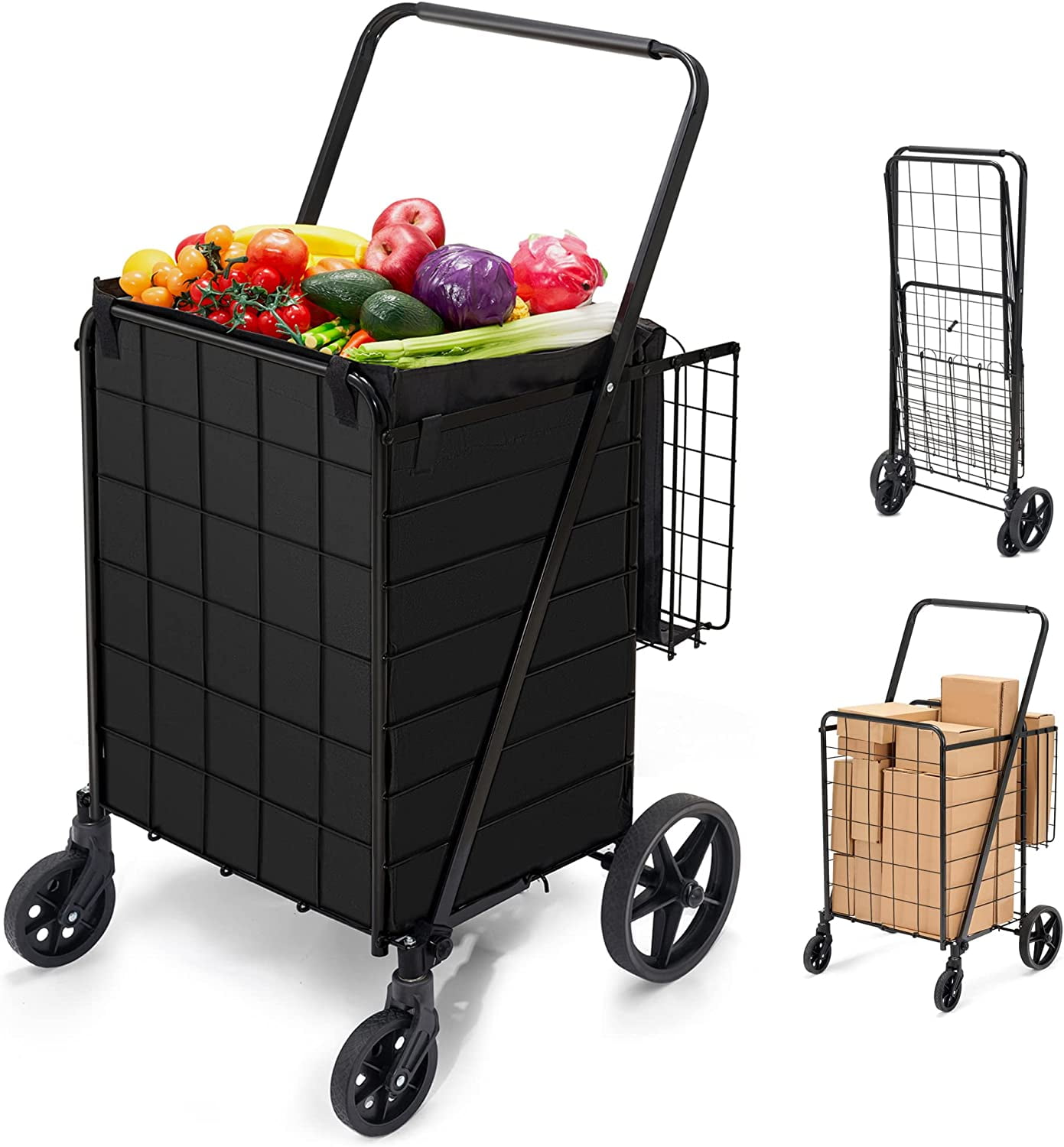 Grocery Cart on Wheels with Removable Liner, Folding Shopping Cart ...