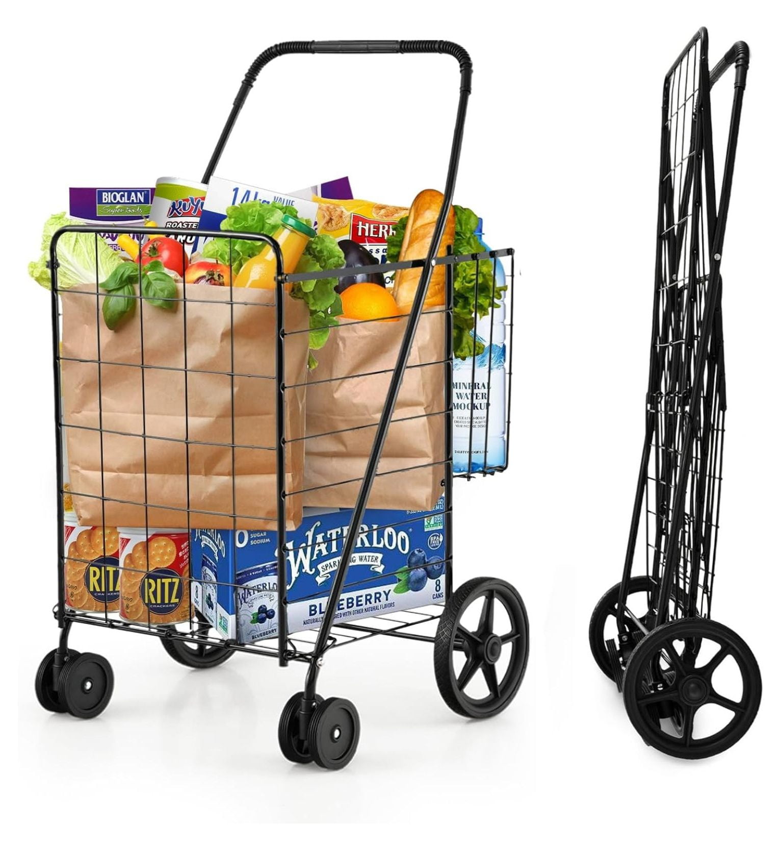 Grocery Shopping Cart, Foldable Heavy Duty Jumbo Utility Cart w/ 360 ...