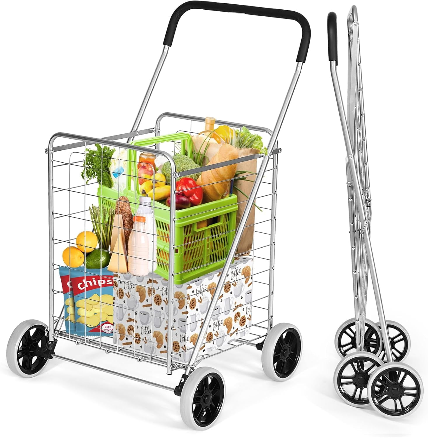 Grocery Shopping Cart, Foldable Heavy Duty Utility Cart w/Large Wheels ...