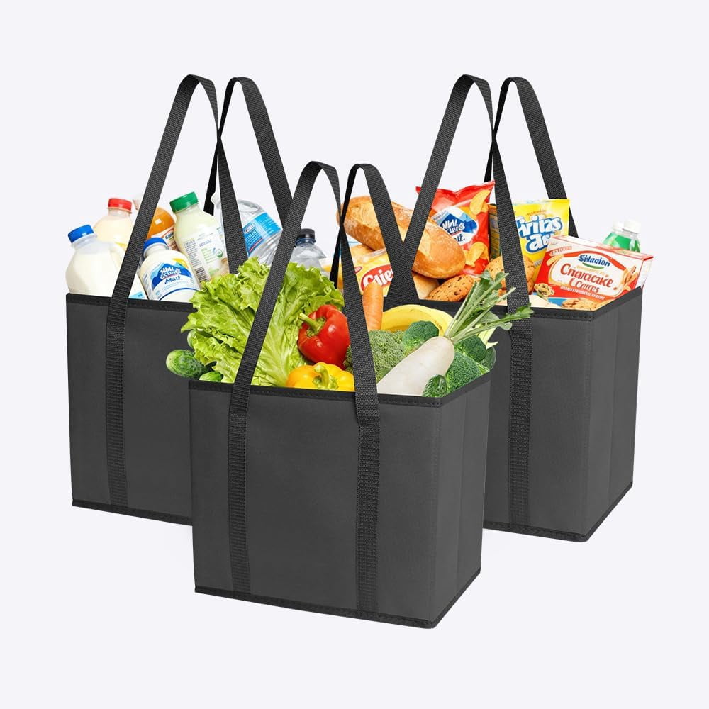 Grocery Tote Bags, 3- Shopping Bags with Long Handles, Large Box Shape ...