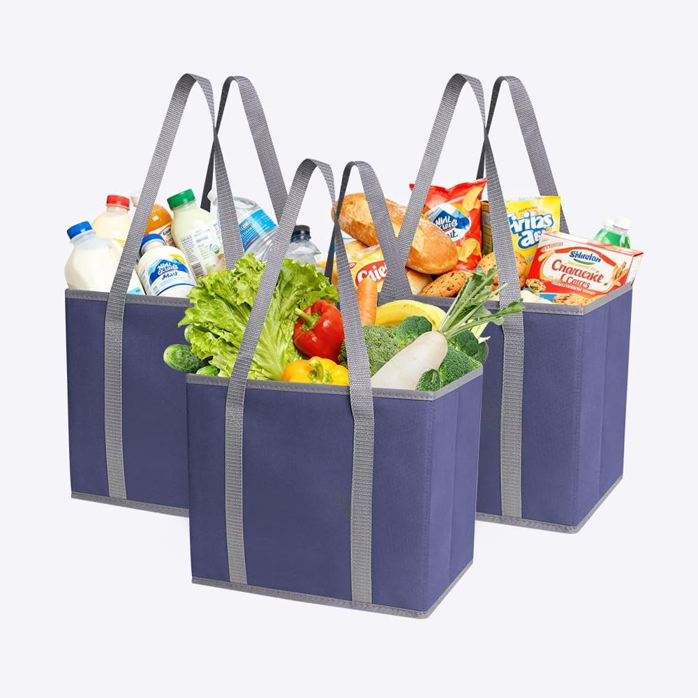 Grocery Tote Bags, 3- Shopping Bags with Long Handles, Large Box Shape ...