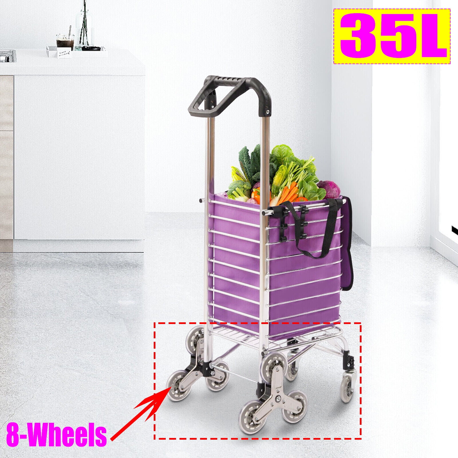 Grocery Utility Shopping Cart Folding Utility Cart on 8 Wheels Laundry ...
