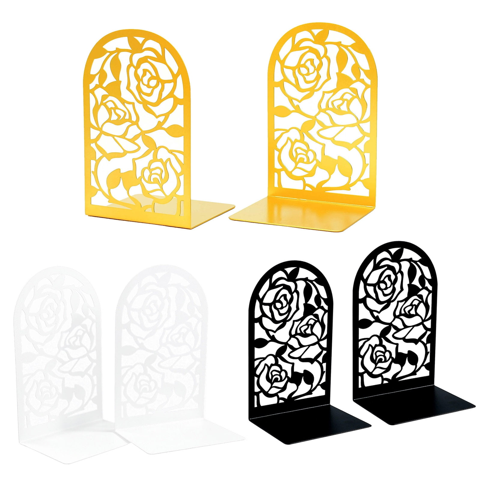 Grofry 1/3 Pairs Metal Bookends，Hollow Rose Flower Design Bookends ...