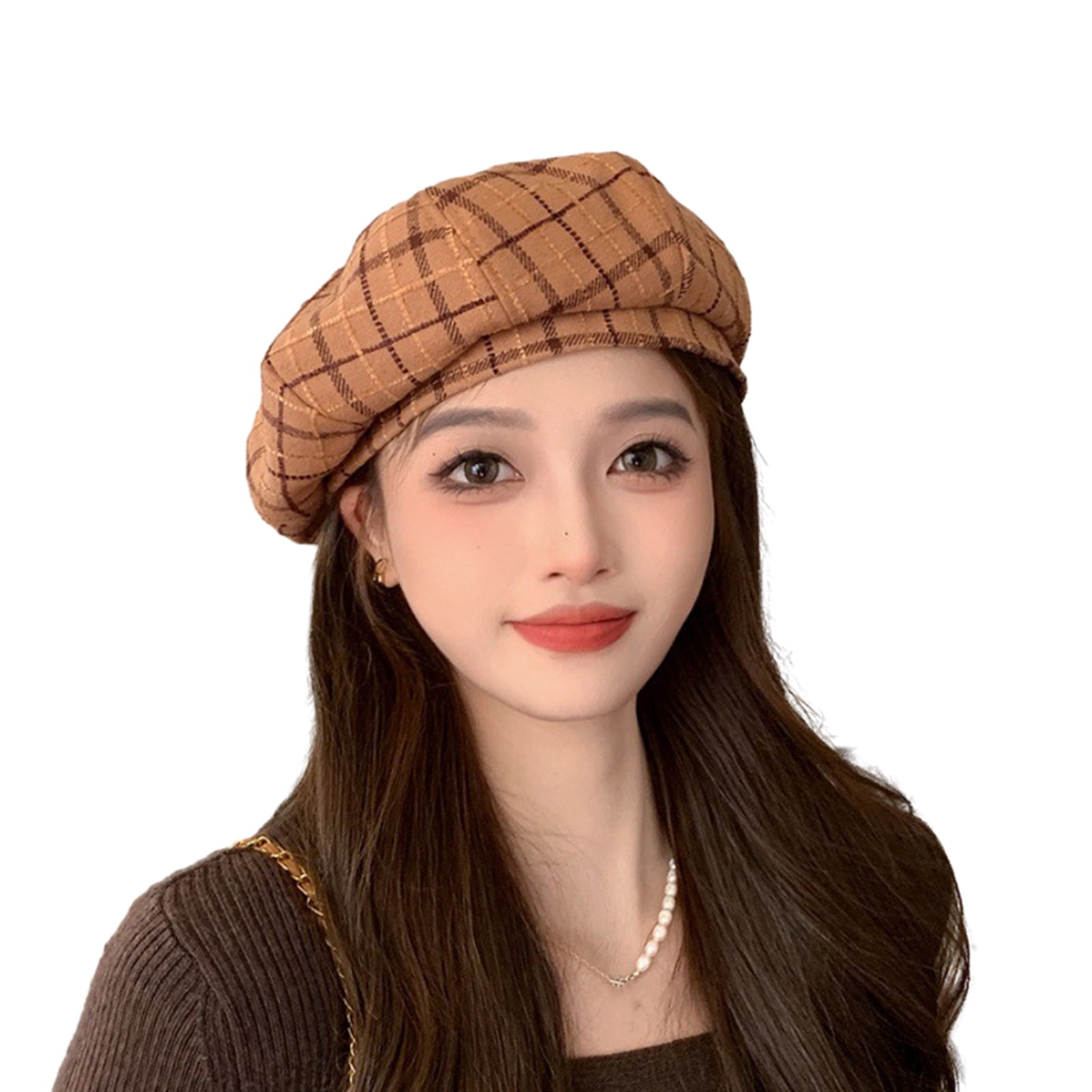 Grofry Women Beret Plaid Print Contrast Color Elastic Adjustable Soft ...
