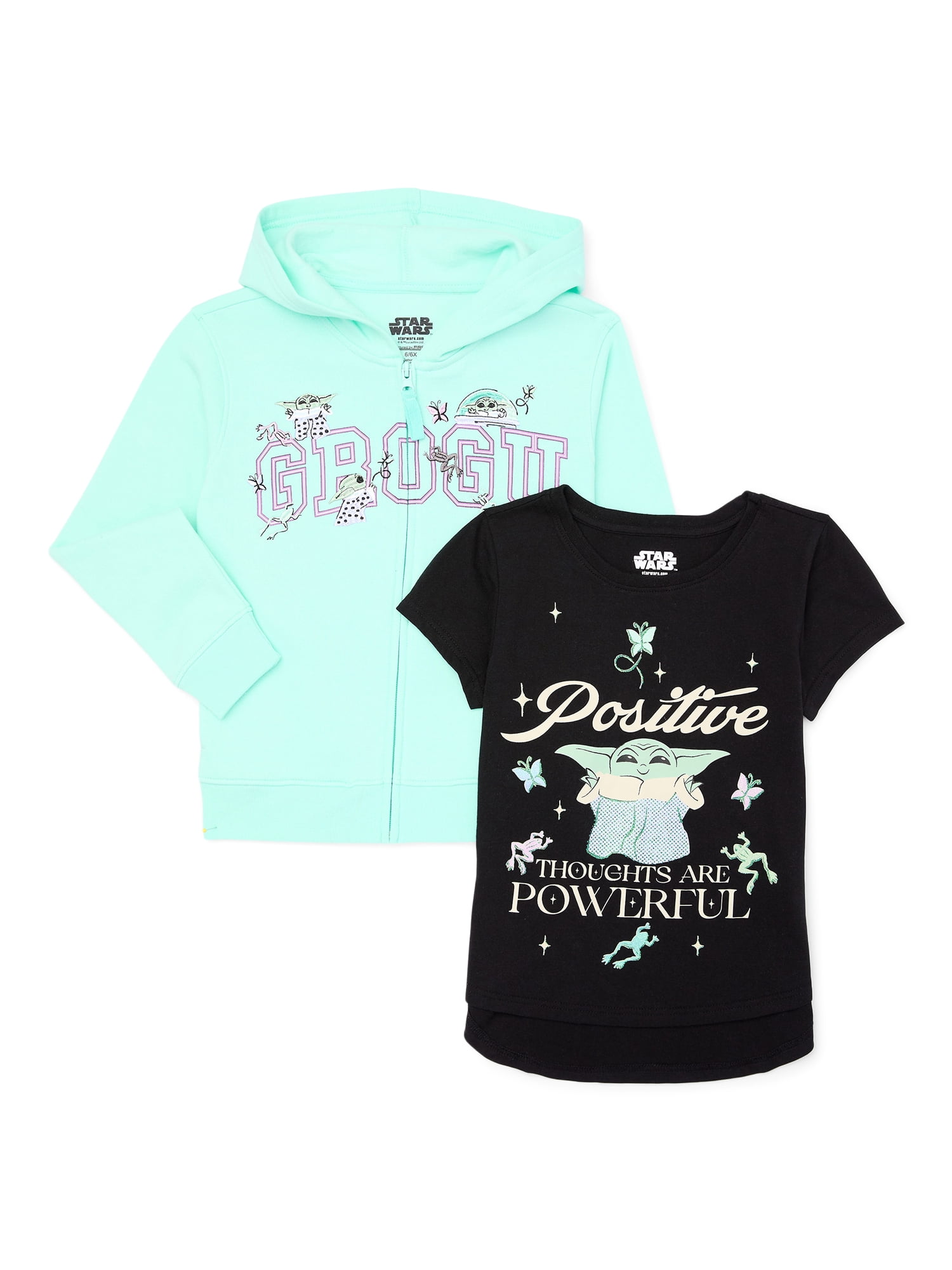 Grogu Girls Embroidered Zip Hoodie and Graphic Tee Set, 2-Piece, Sizes ...