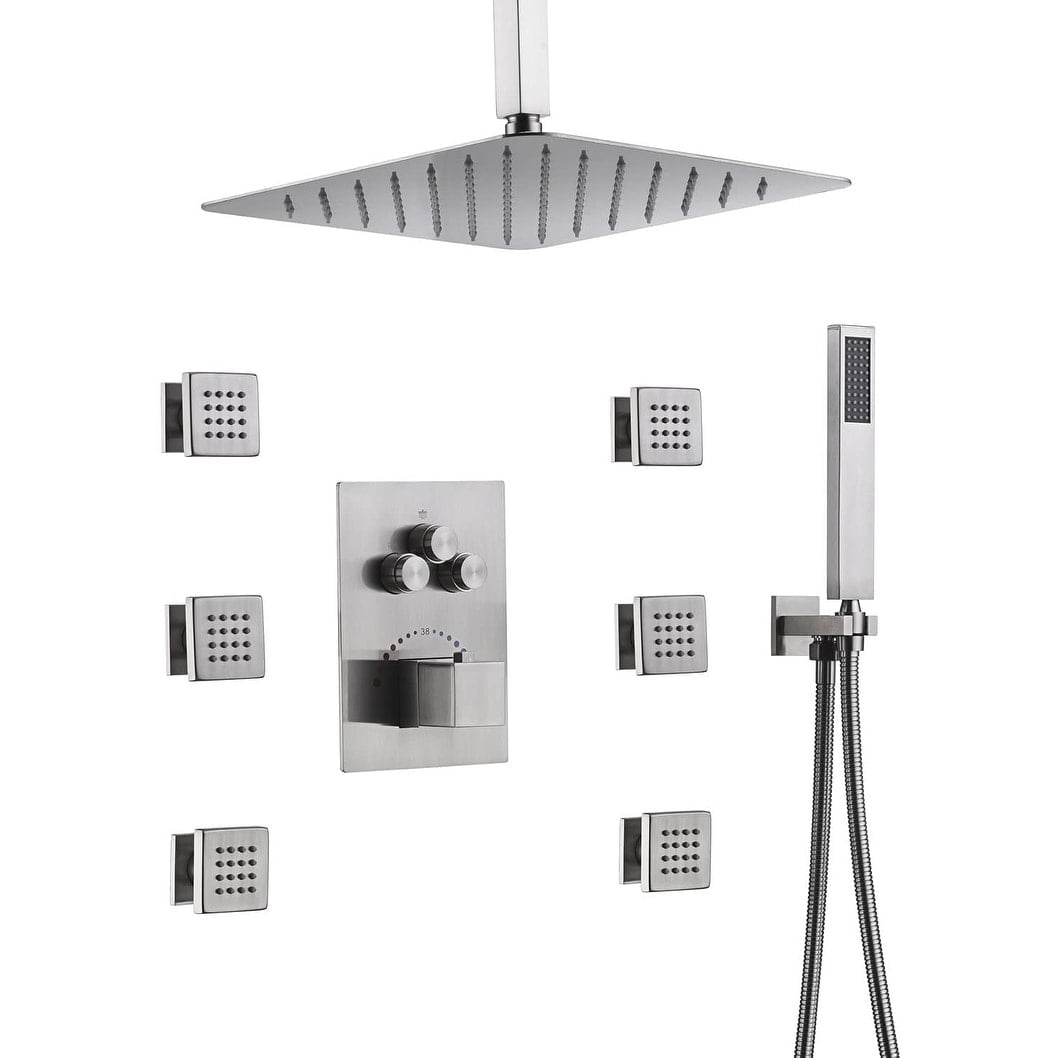 Grolta 12" Ceiling Rainfall 3 Way Thermostatic Faucet Shower System w/6 ...