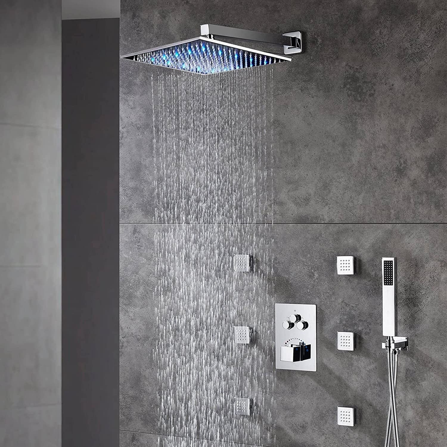 Grolta 16" LED Wall Rainfall 3 Way Thermostatic Faucet Shower System w ...