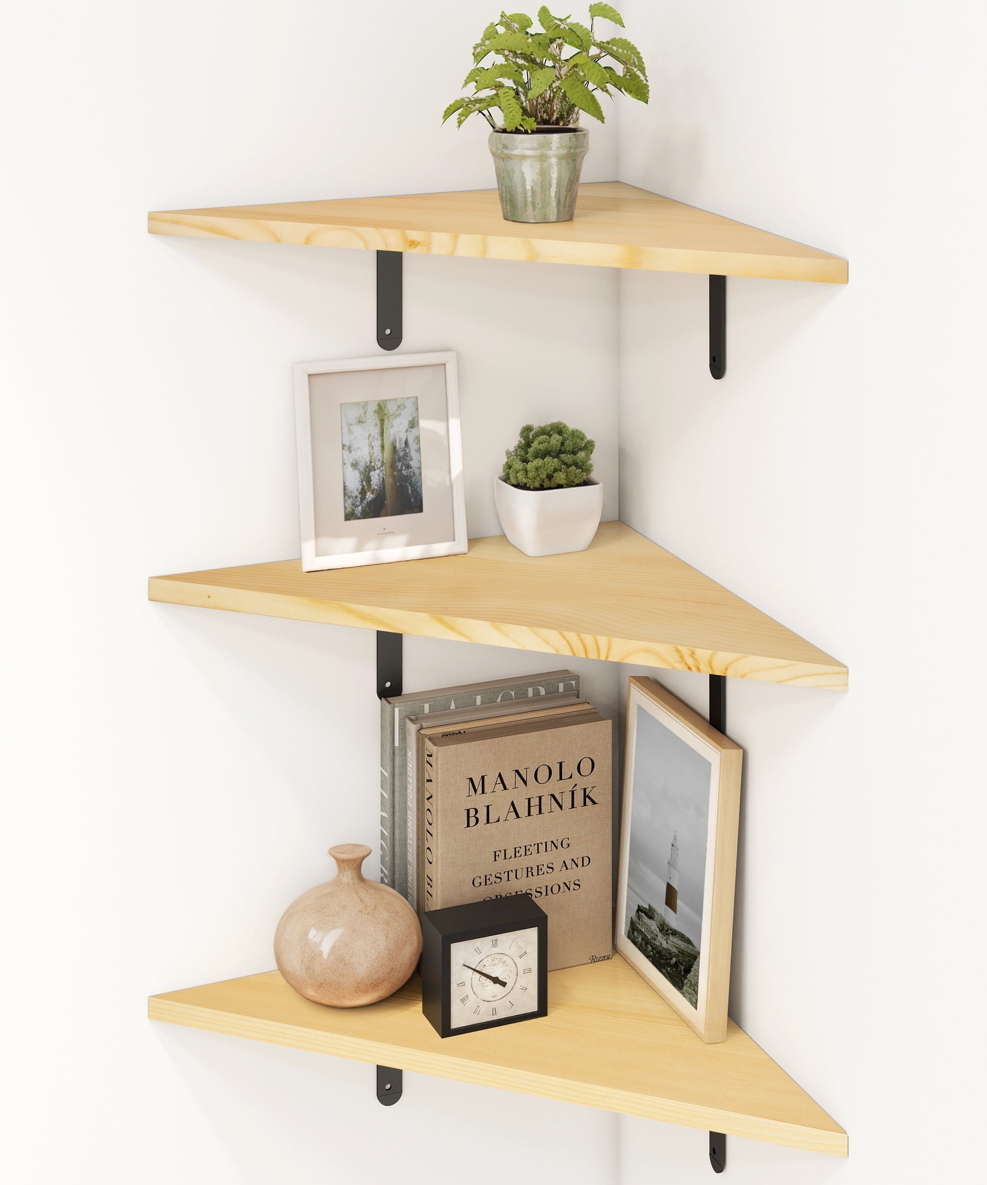 Gronda Corner Shelves Wall Mounted, Natural Wood 3-Tier Floating Corner ...