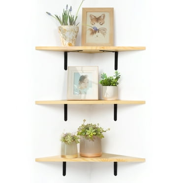 Gronda Wood Corner Shelf Wall Mounted, Brown 3-Tier Versatile Floating ...