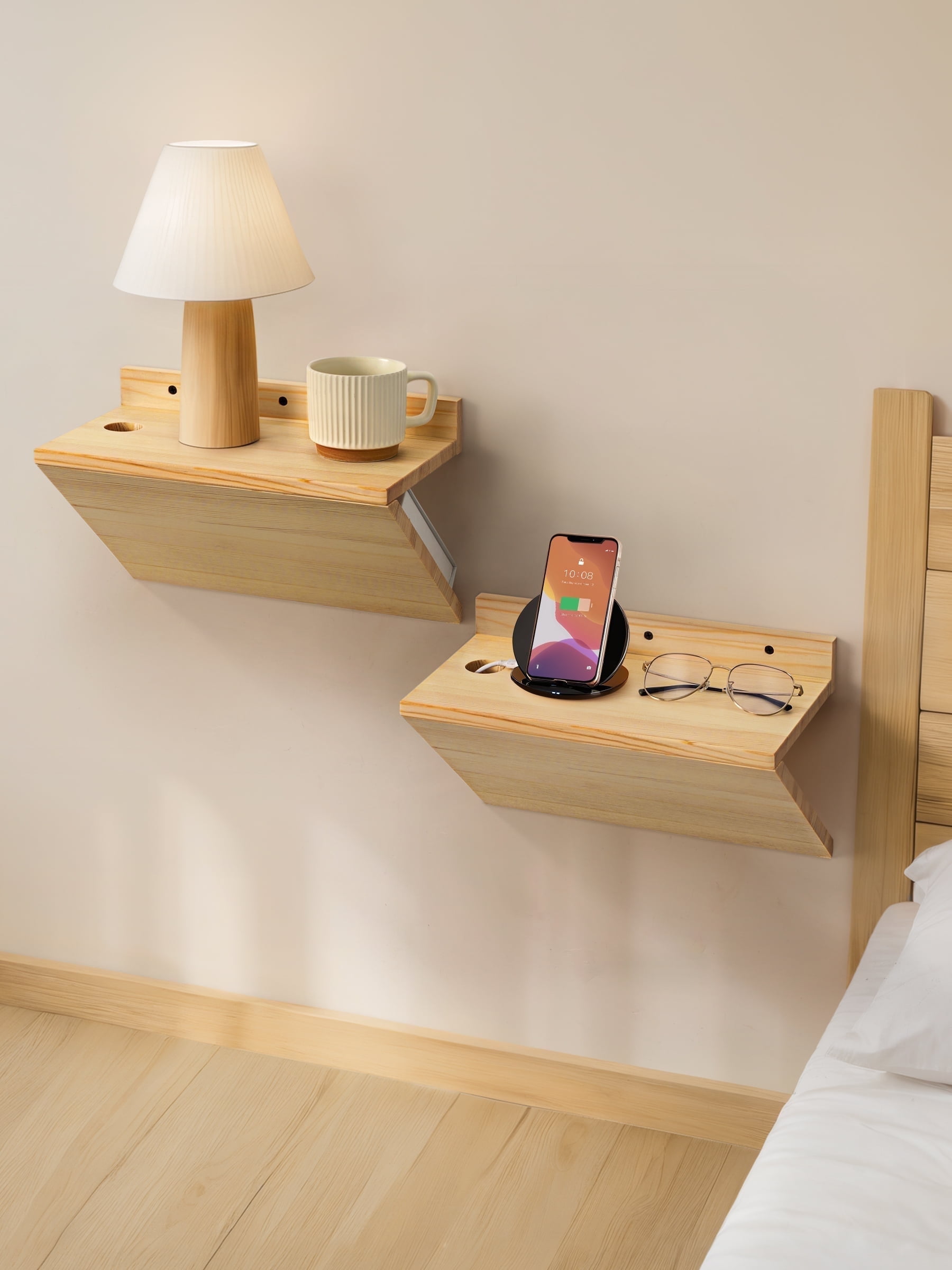 Gronda Floating Nightstands Set of 2, Natural Pine Soild Wood Hanging ...