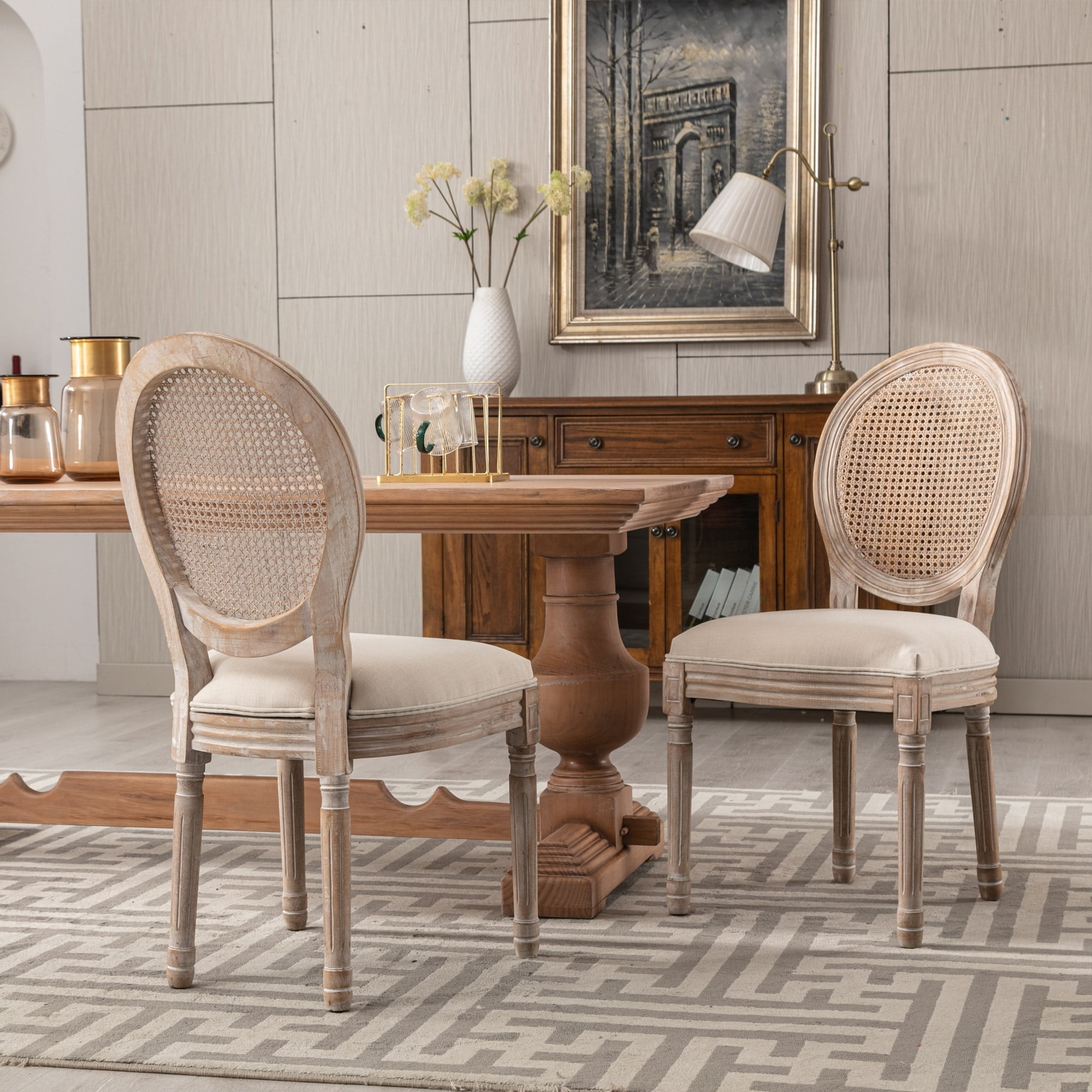 Grondi French Country Style Solid Rubber Wood and Cane Dining Chair Set of 2 Mid Century Modern Side Chair with Rattan Backrest Dining Chairs Side Walmart