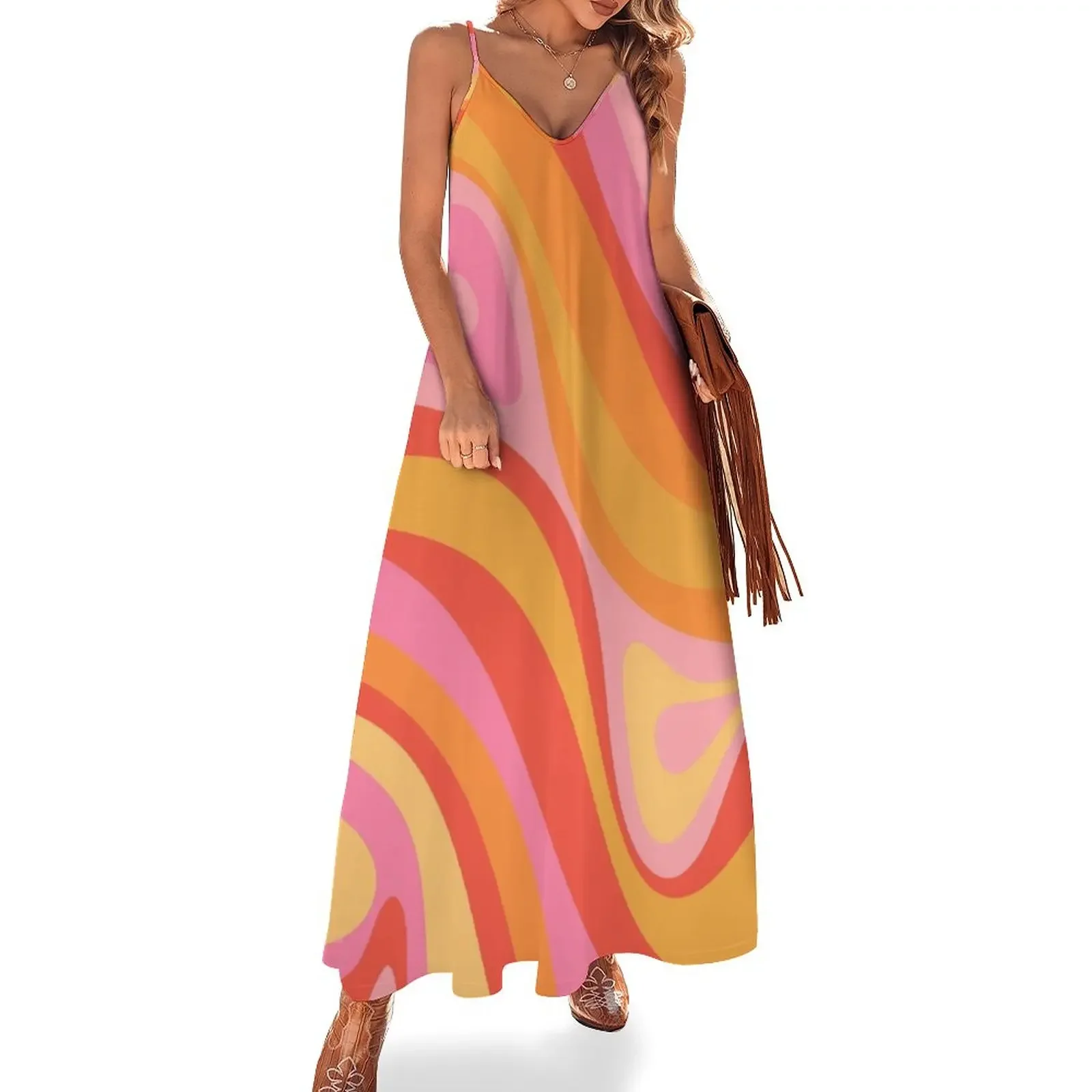 Groove Retro Swirl Abstract Pattern Pink Orange Yellow Sleeveless Dress ...