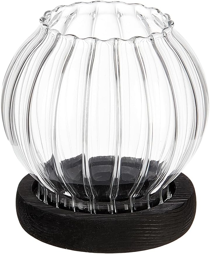 Grooved Rondelle Glass Candle Holder with Wood Base Candle Bell Jar ...