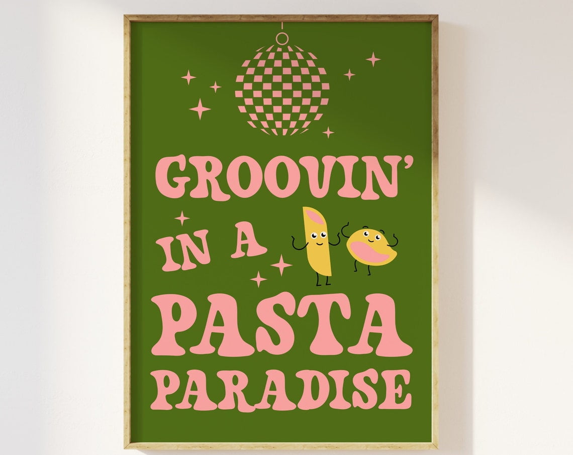 Groovin' In A Pasta Paradise Kitchen Print - Funky Colourful Pasta ...