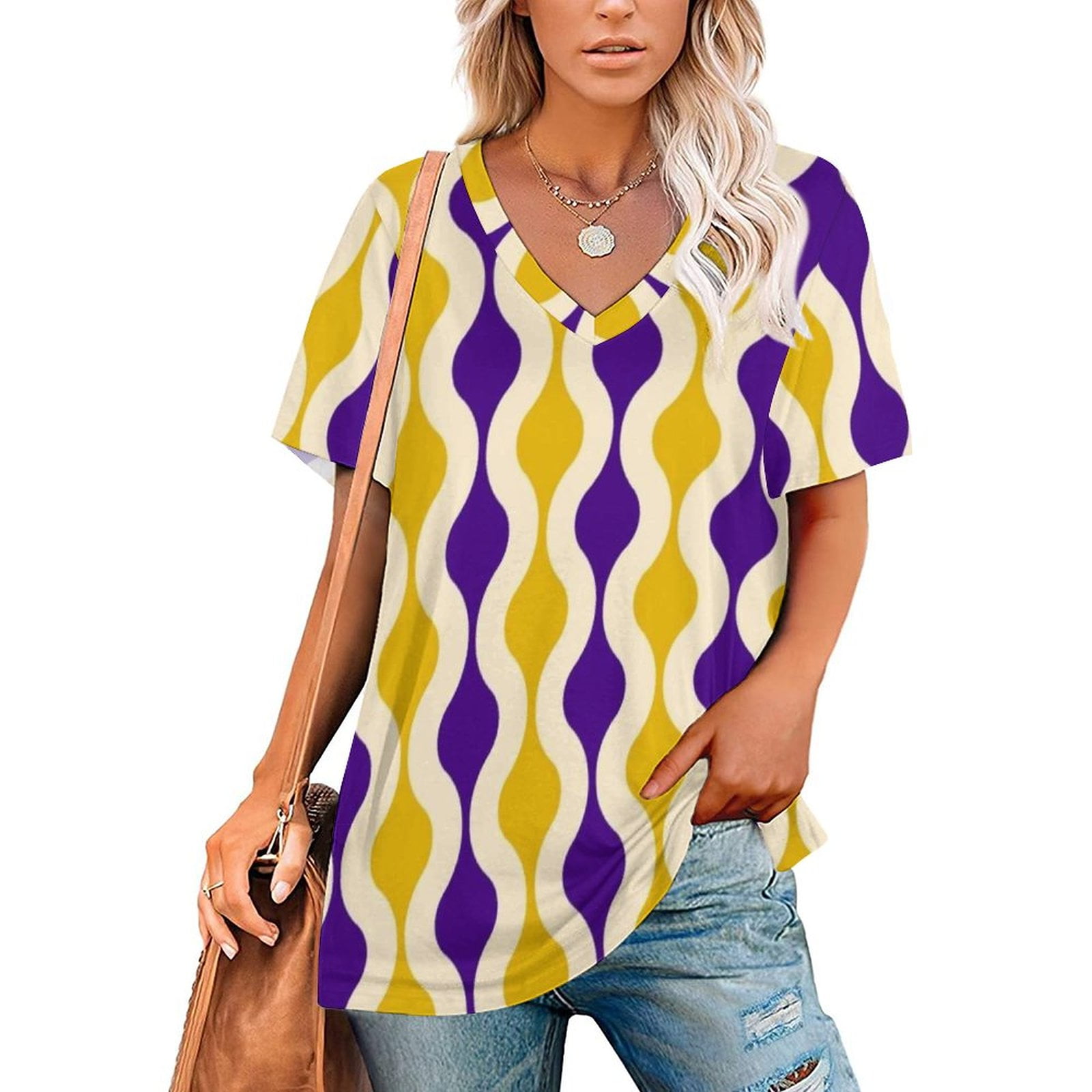 Groovy 70'S Pattern Purple And Gold New Fashion Zip Off Shoulder Top ...
