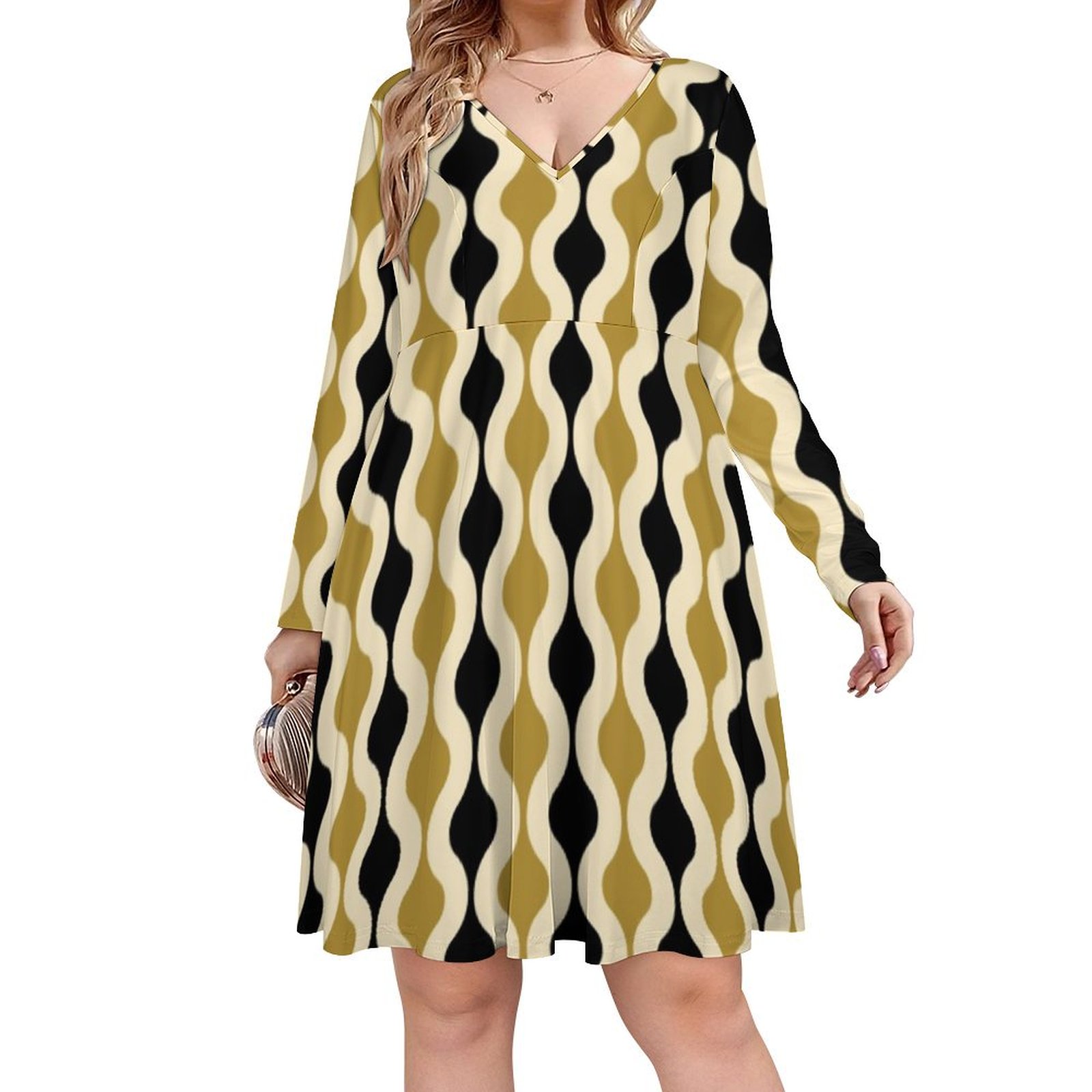Groovy 70's Pattern Black And Gold Long Sleeve Sexy Dresses For Women Ladies Vintage Elegant ...