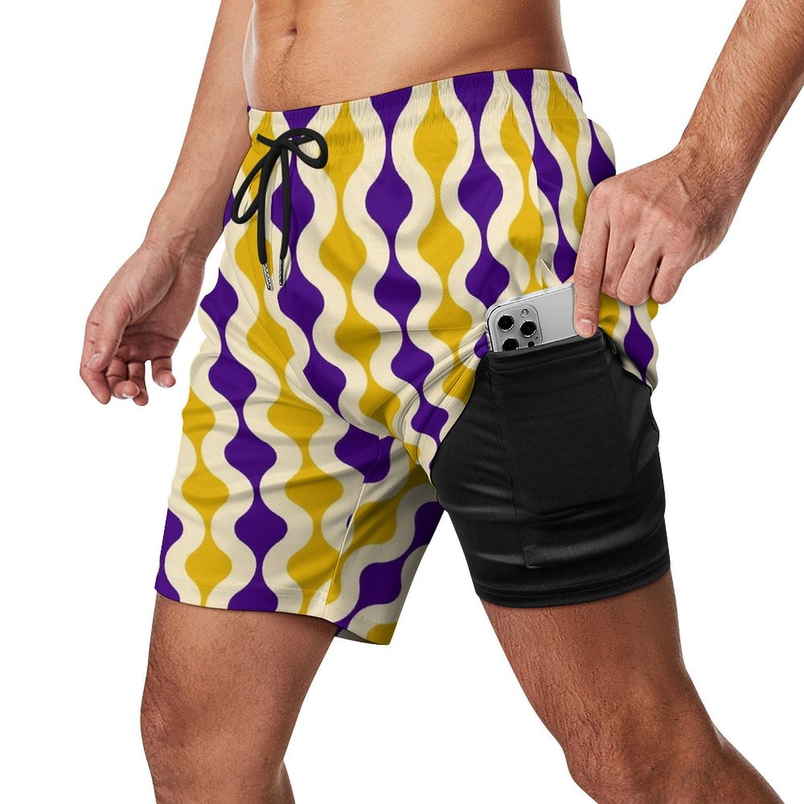 Groovy 70's Pattern Purple And Gold Quick Dry Swimming Shorts For Men ...