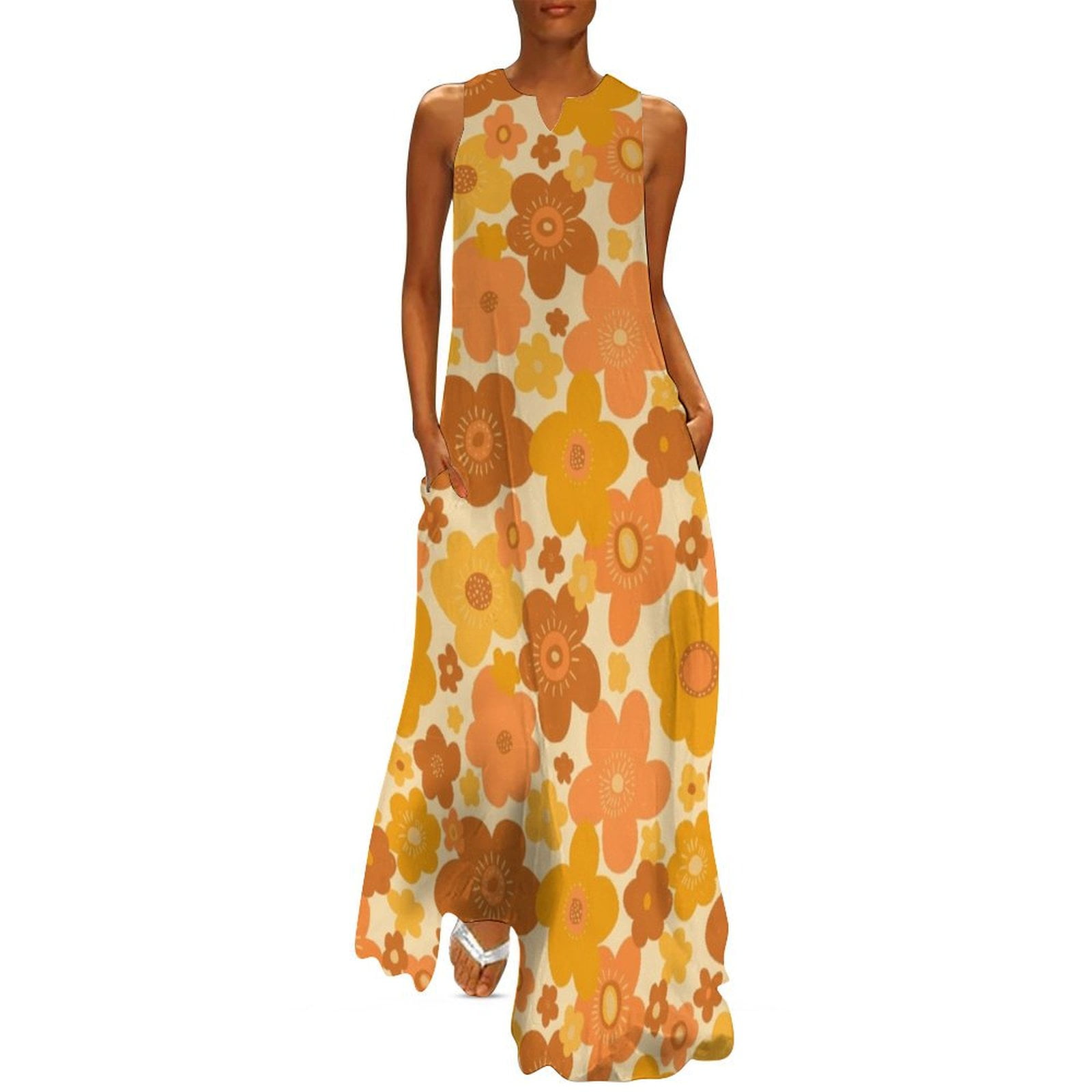 Groovy 70s Retro Vintage Floral Pattern Long Dress dress women summer Womens dresses - Walmart.com