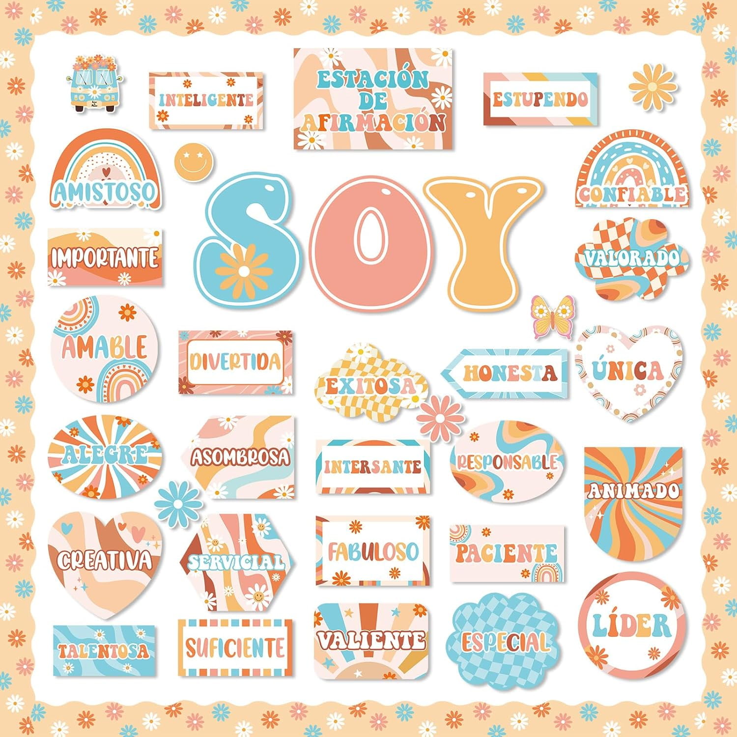 Groovy Affirmation Station Spanish Bulletin Board for Classroom Hippie ...