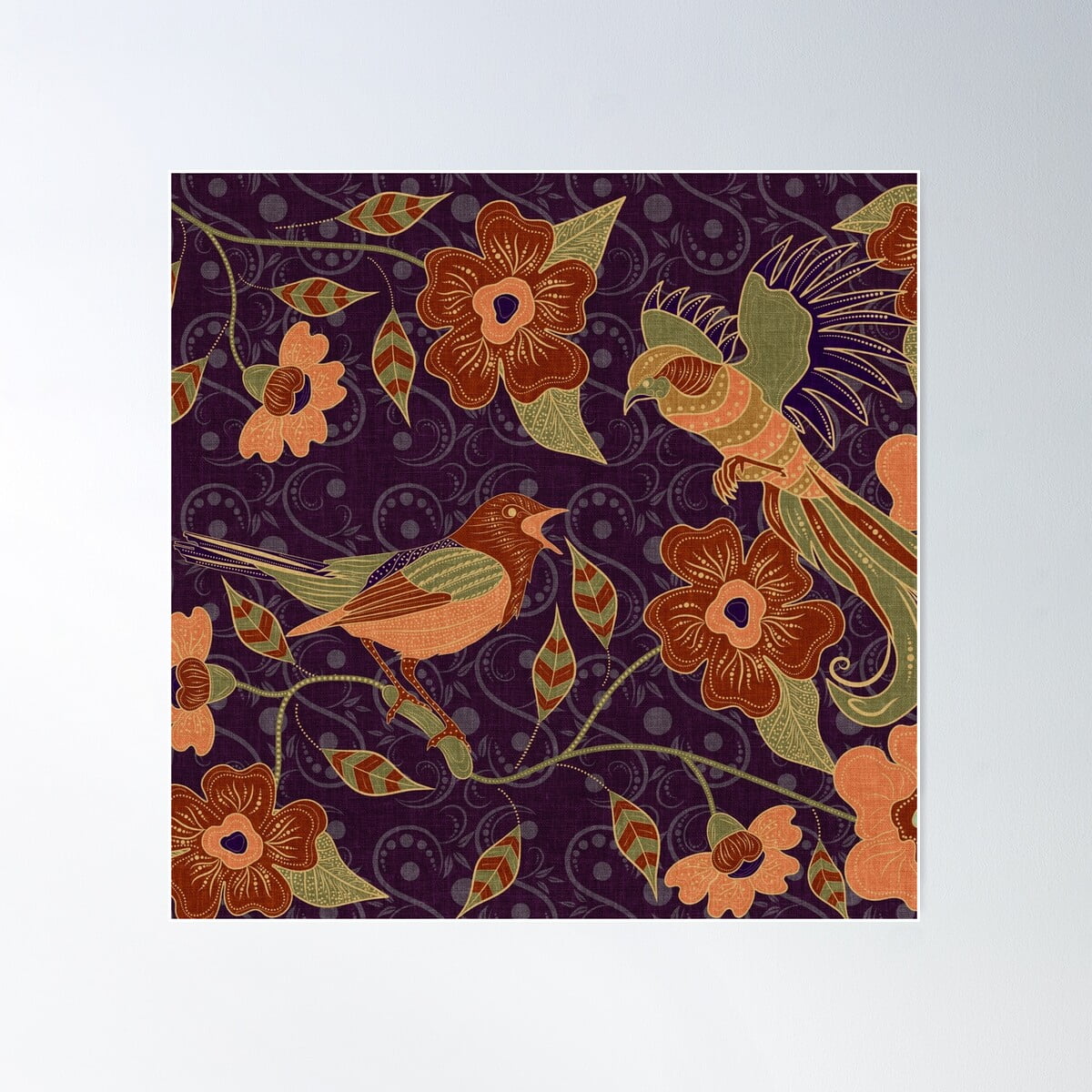 Groovy Batik Floral And Birds Pattern Poster Wall Art, Modern Wall ...