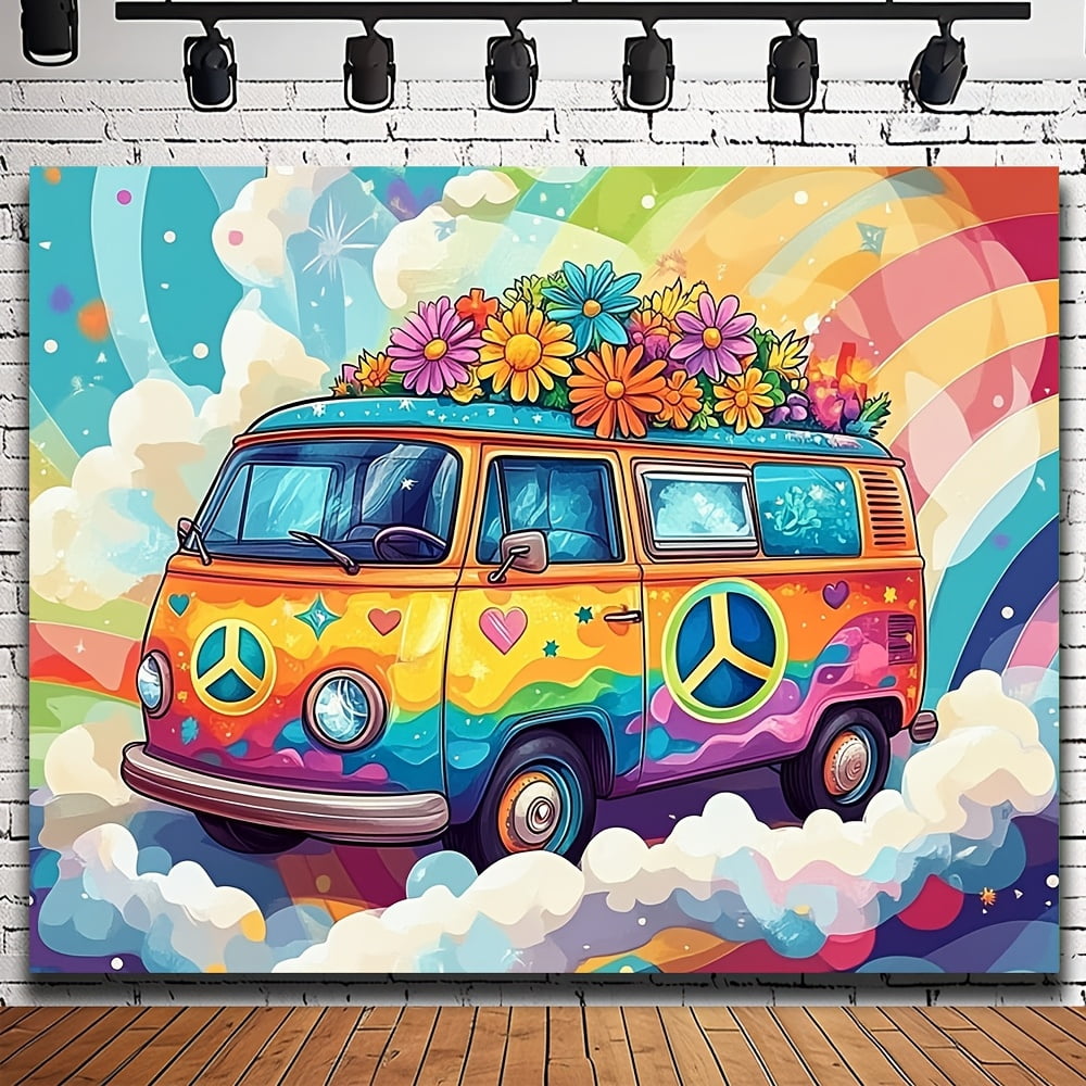 Groovy Birthday Backdrop Rainbow Retro Hippie Bus Baby Shower ...