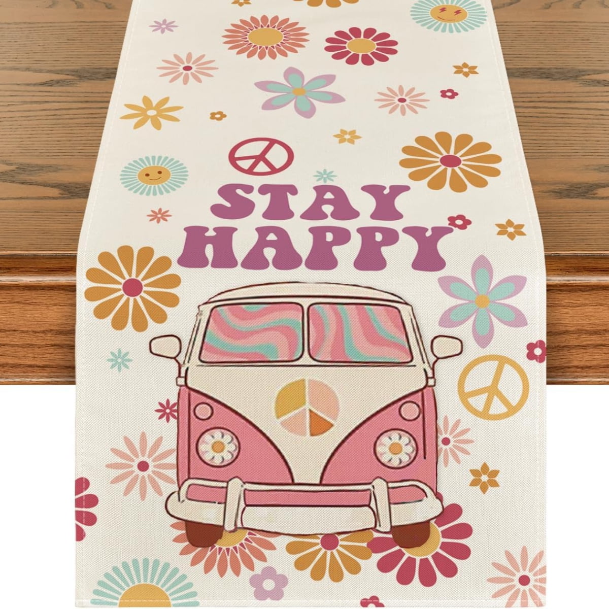 Groovy Bus Stay Happy Daisy Flower Hippie Table Runner Dresser Scarves ...