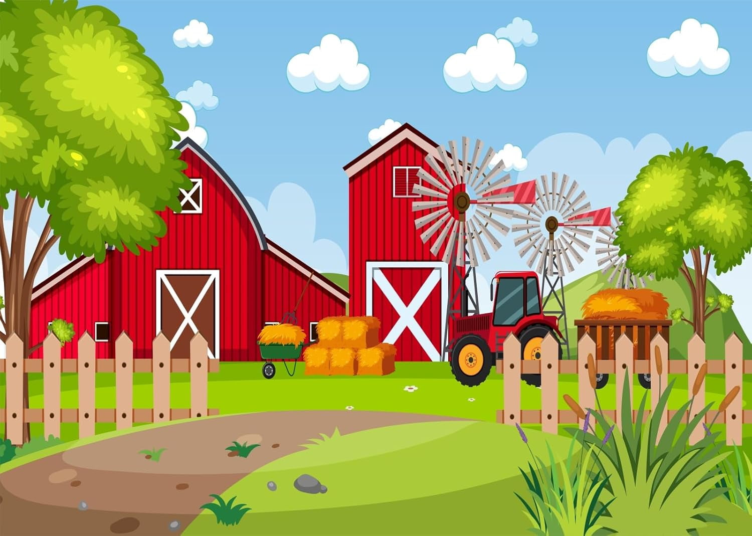 Groovy Cartoon Farm Barn Theme Backdrop Red Barn Tractor Haystack ...