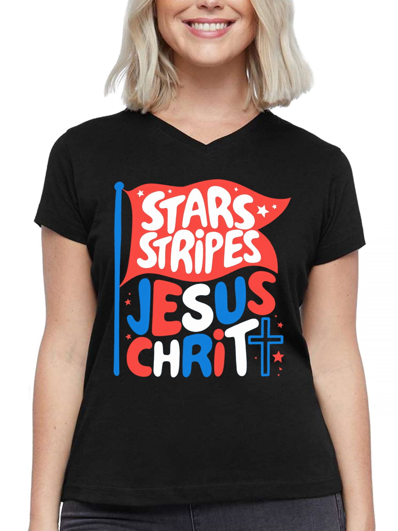 Groovy Christian Jesus Christ Stars Stripes 4th Of July USA Women's Top ...
