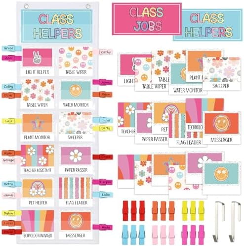 Groovy Class Job Pocket Chart with Card Hook Clip Boho Back to School ...