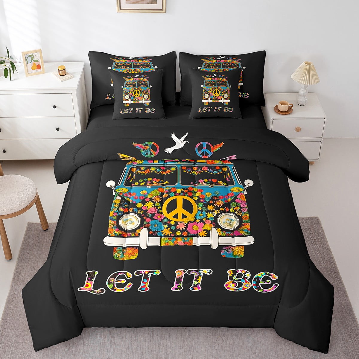Groovy Daisy Floral Bedding Set Queen Size,Peace Sign Bus 7Pcs ...